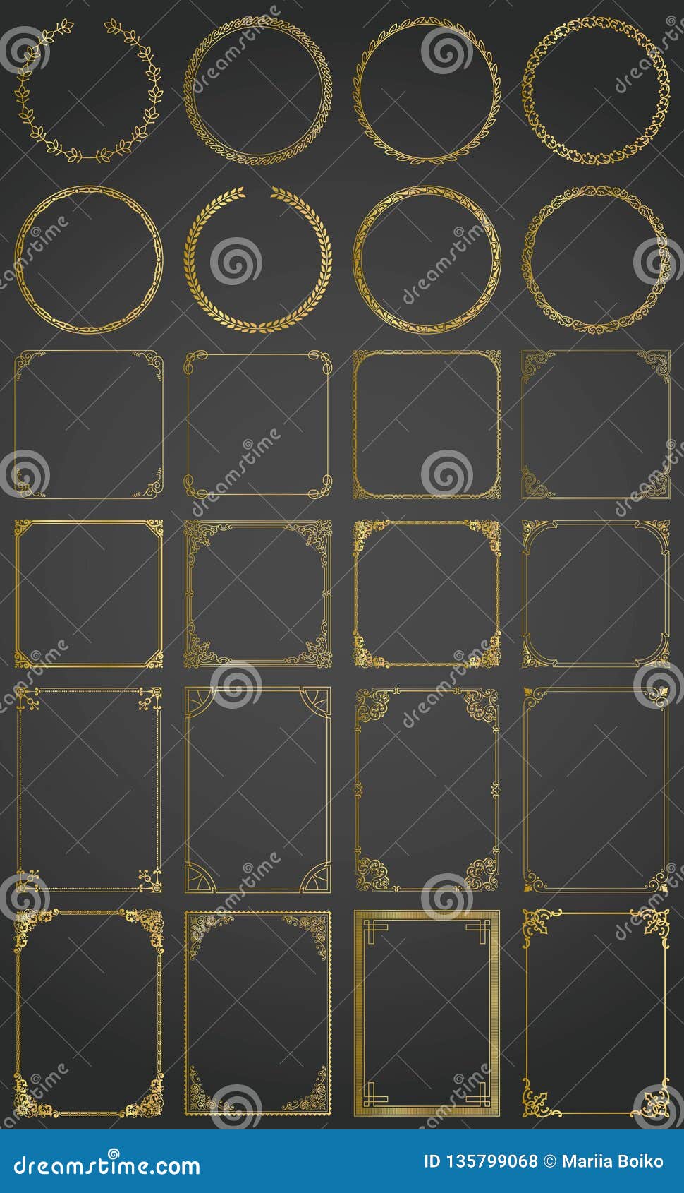Big Gold Vector Set of Decorative Rectangle, Square, Round Frames and ...