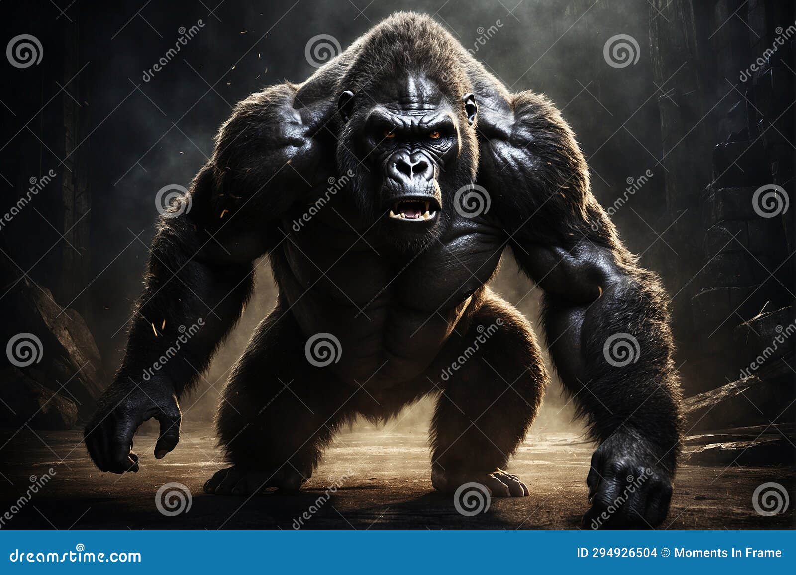 Big gorilla in dark forest stock illustration. Illustration of glare - 294926504