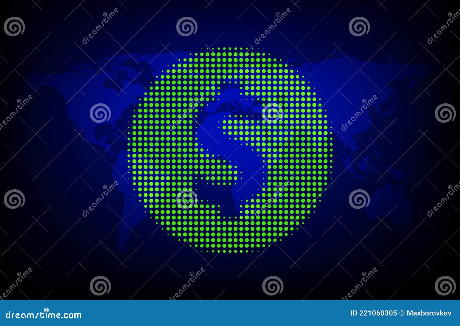 Big Green Dotted Dollar Sign Over Blue World Map Stock Vector ...