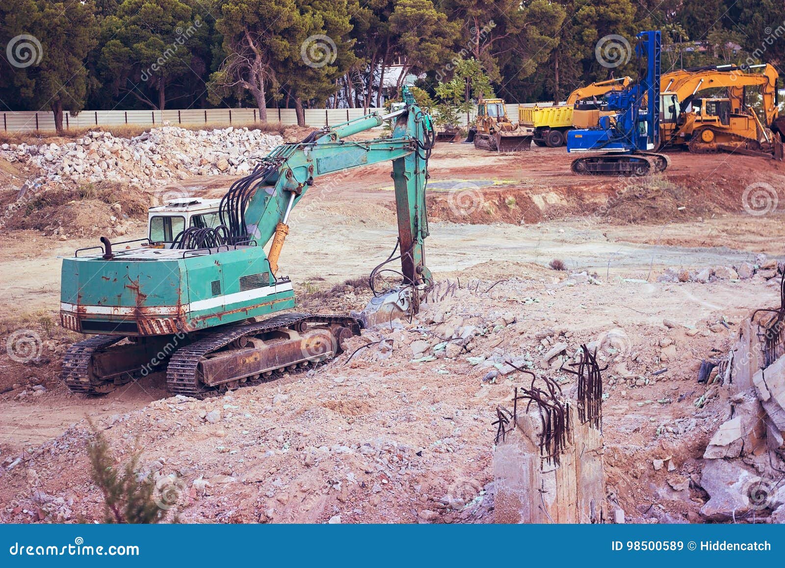 Big Green Excavator at Construction Site Stock Image - Image of heavy ...