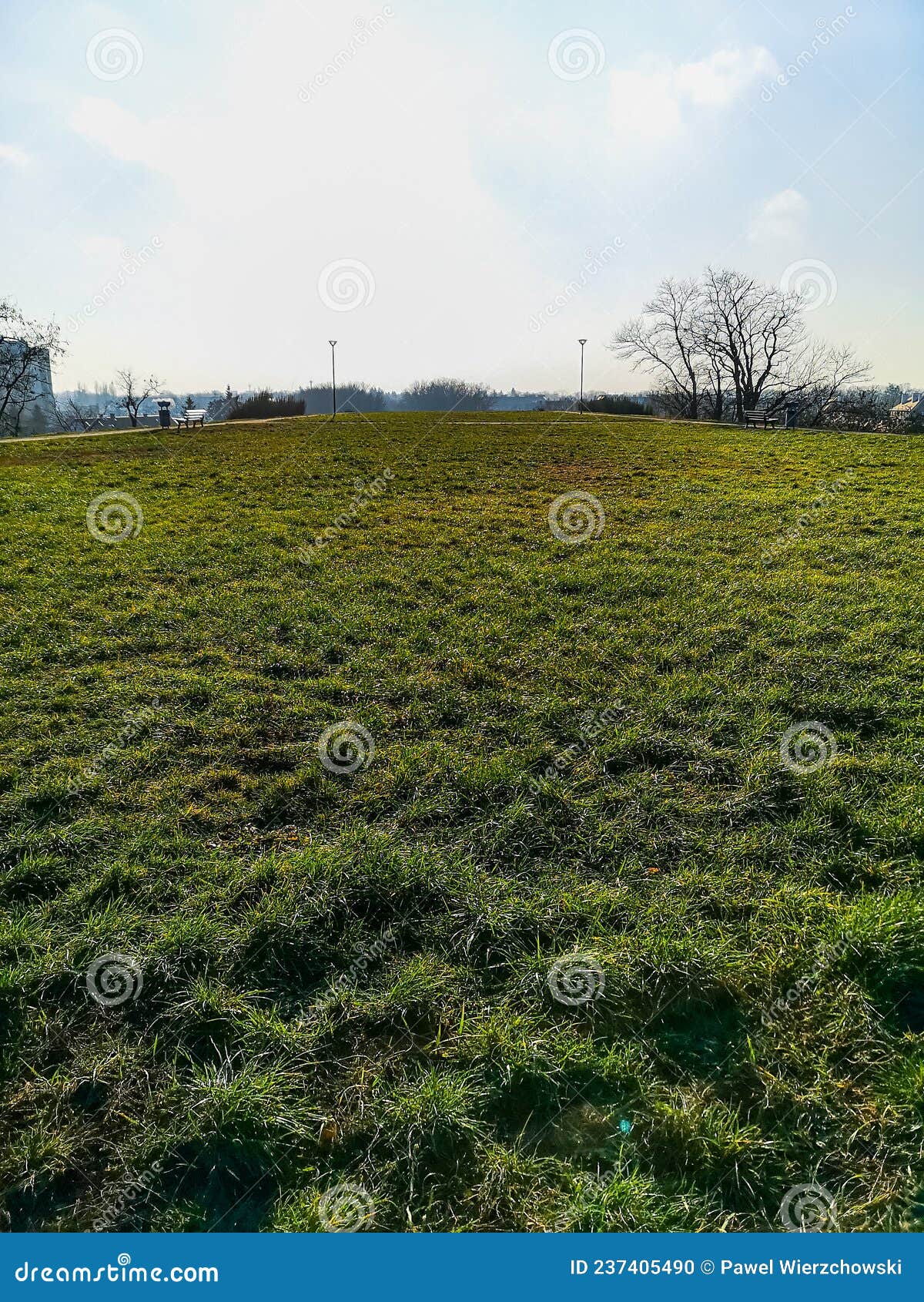 Big Green Field Full of Grass on Hill with Path and Benches Around ...