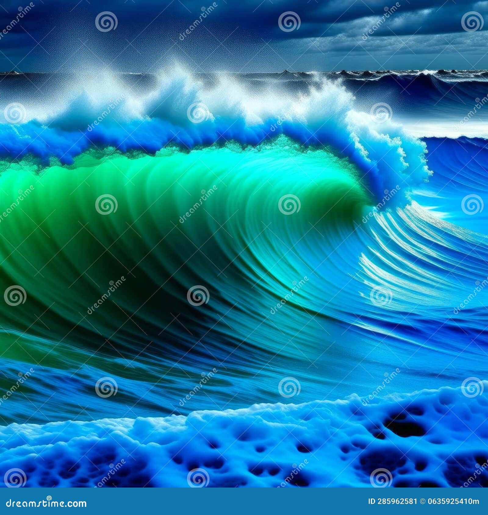 Big green wave in the sea. stock illustration. Illustration of foam ...