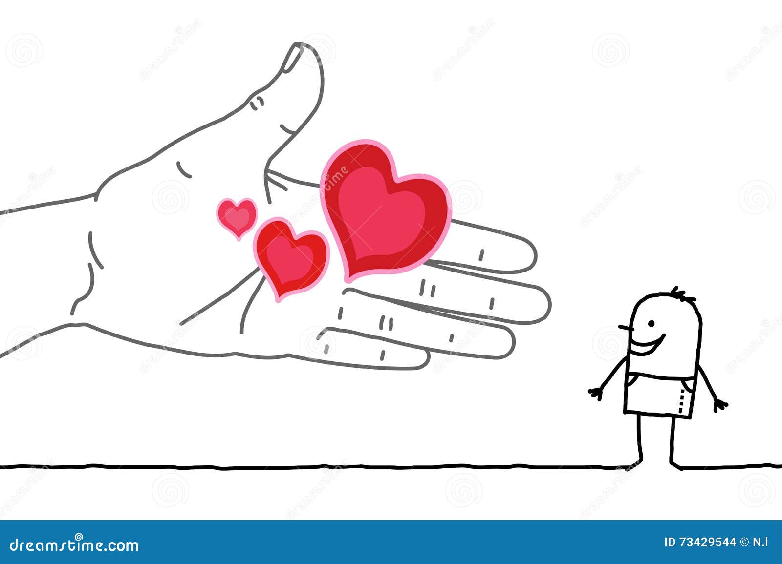 Big Hand And Cartoon Character - Offering Hearts Vector Illustration ...
