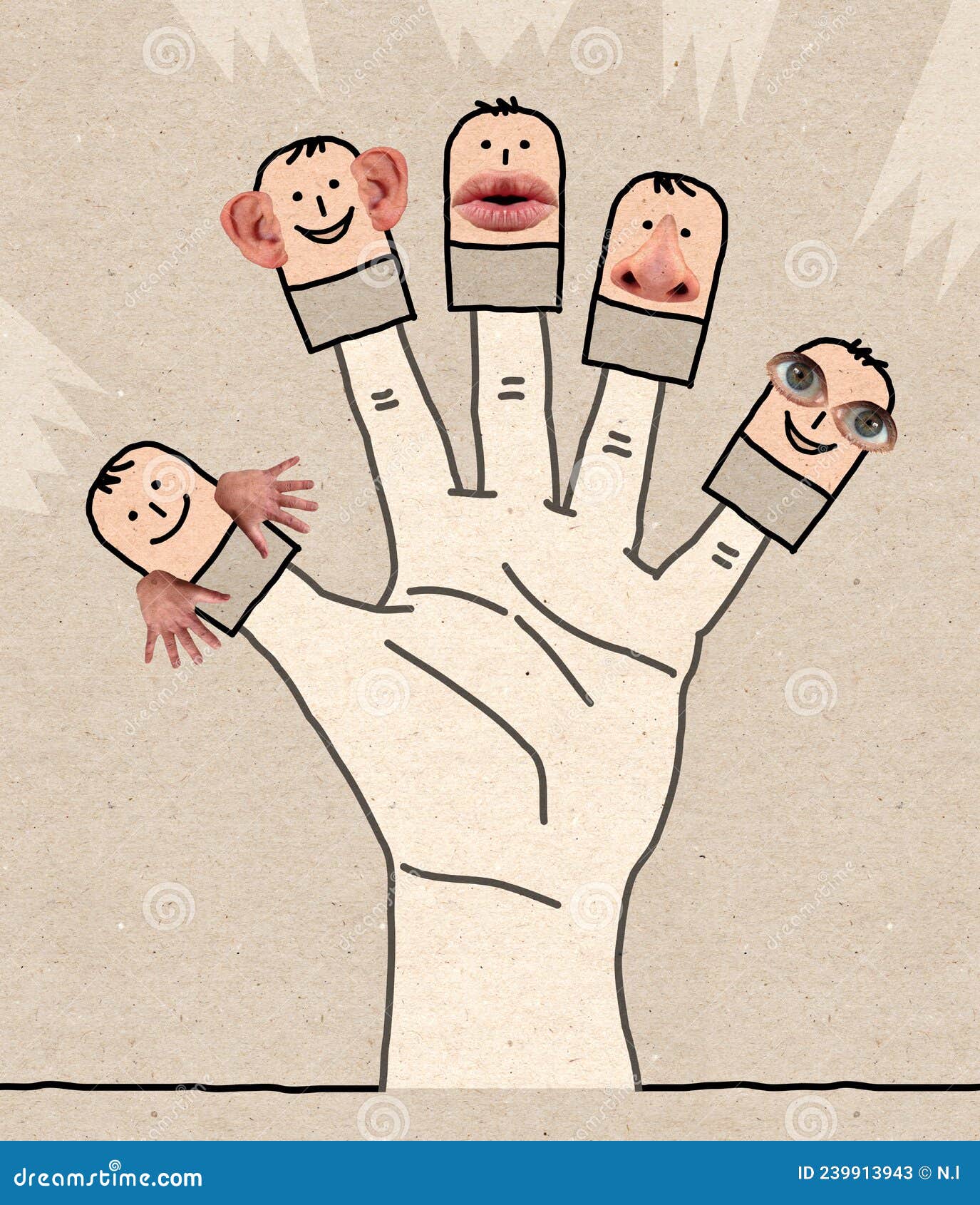 Big Hand with Cartoon Characters and Five Senses Stock Illustration ...