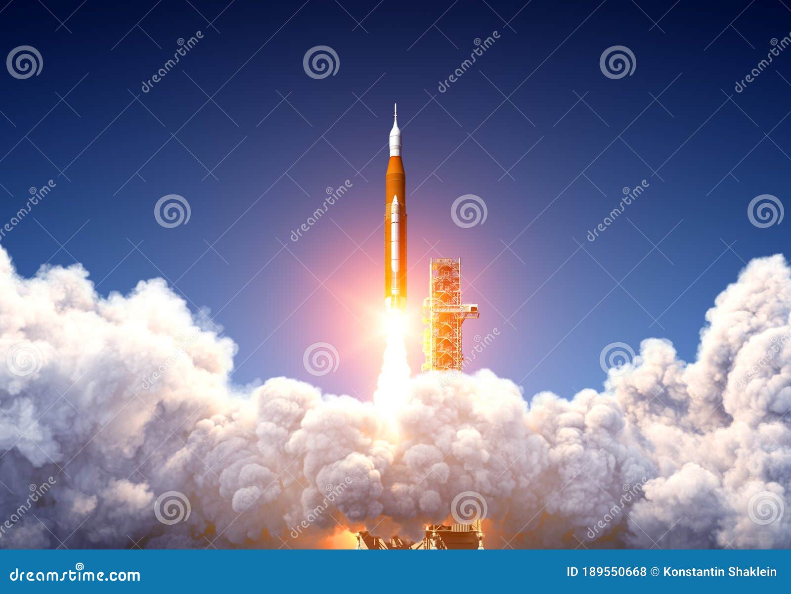 Space Launch System On Launchpad Over Background Of Sunrise Royalty ...