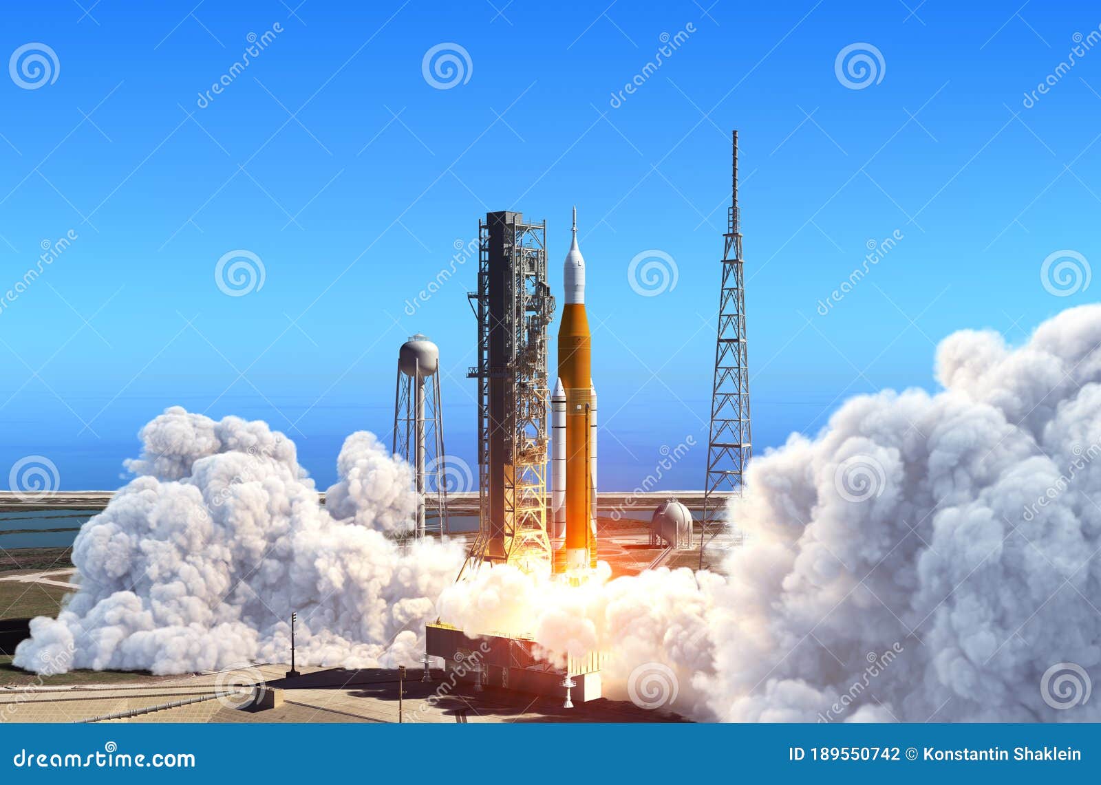 Space Launch System On Launchpad Over Background Of Sunrise Royalty ...