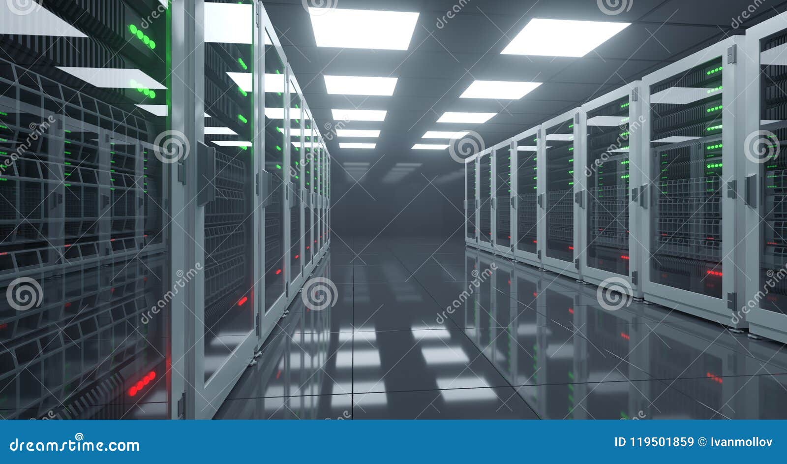 Big High Tech Server Data Center with Reflective Floor and a Lot Stock ...