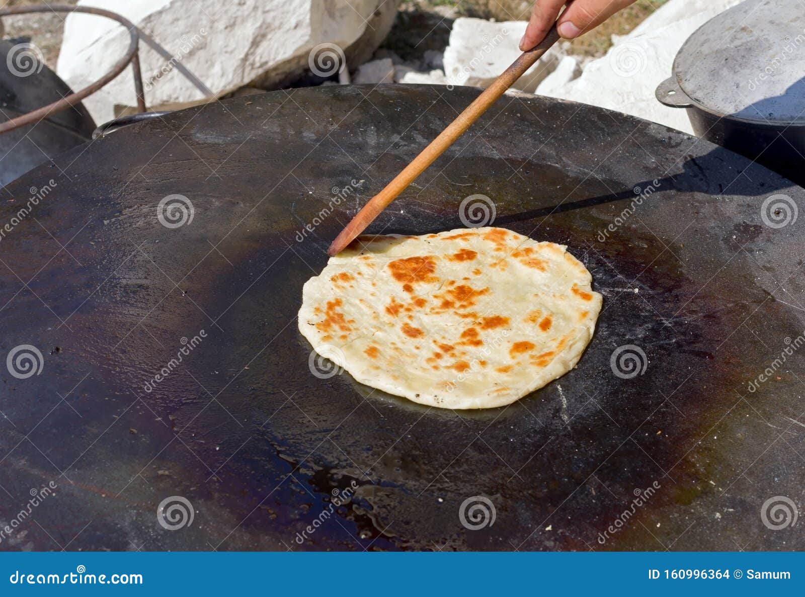 Big Hot Pancake with Spatula on Round Cooktop Stock Photo - Image of ...