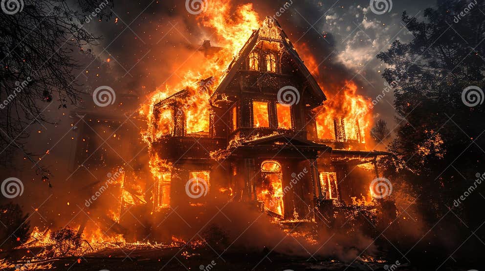 Big House on Fire. Nightmare for Owner Stock Image - Image of roof ...