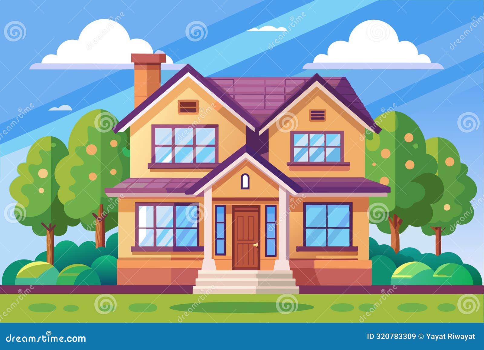 Big House Vector Illustration with a Background of Garden and Fruiting ...