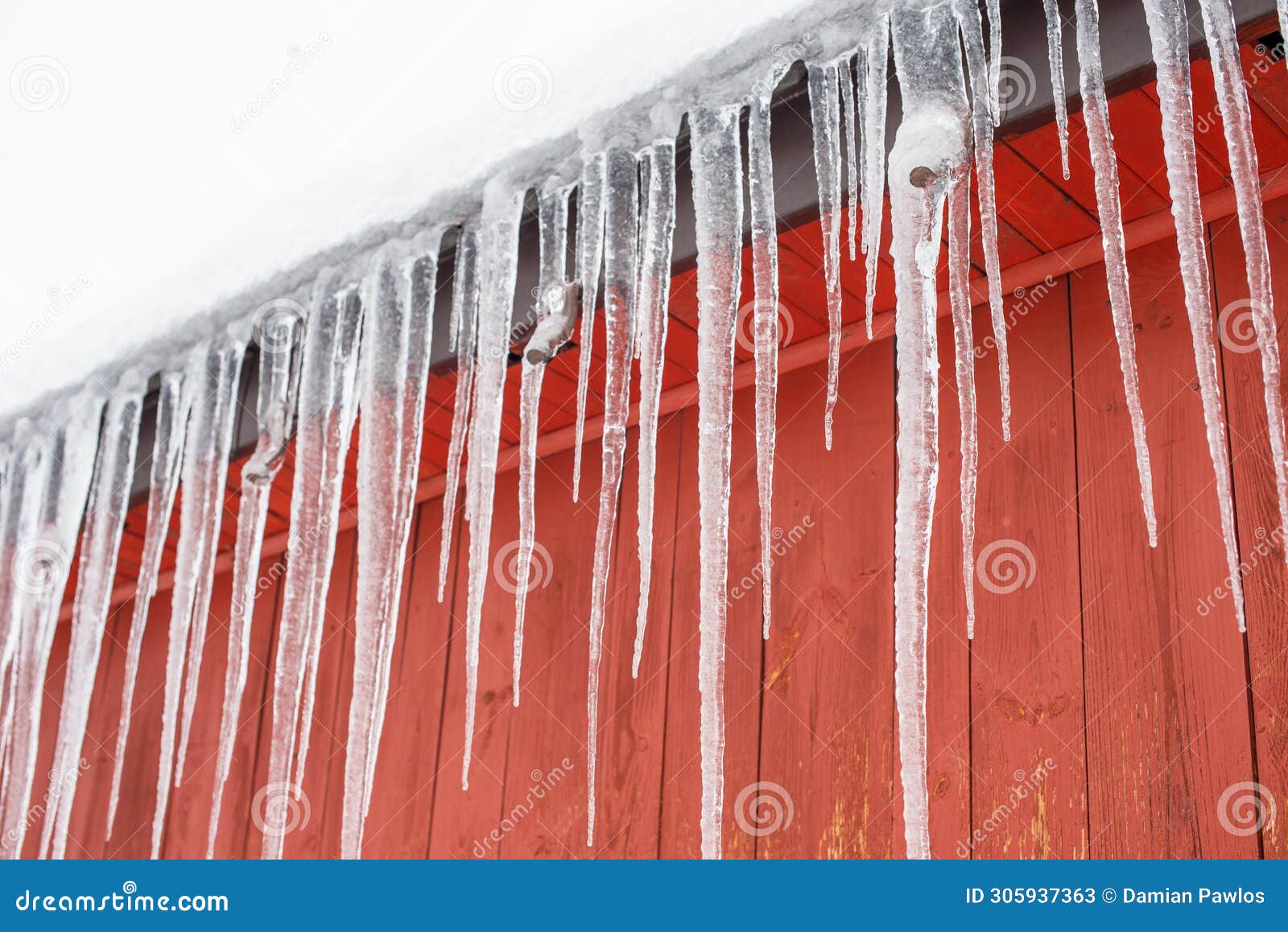 Big Icicles Hanging from Red Barn Gutter Stock Image - Image of barn ...