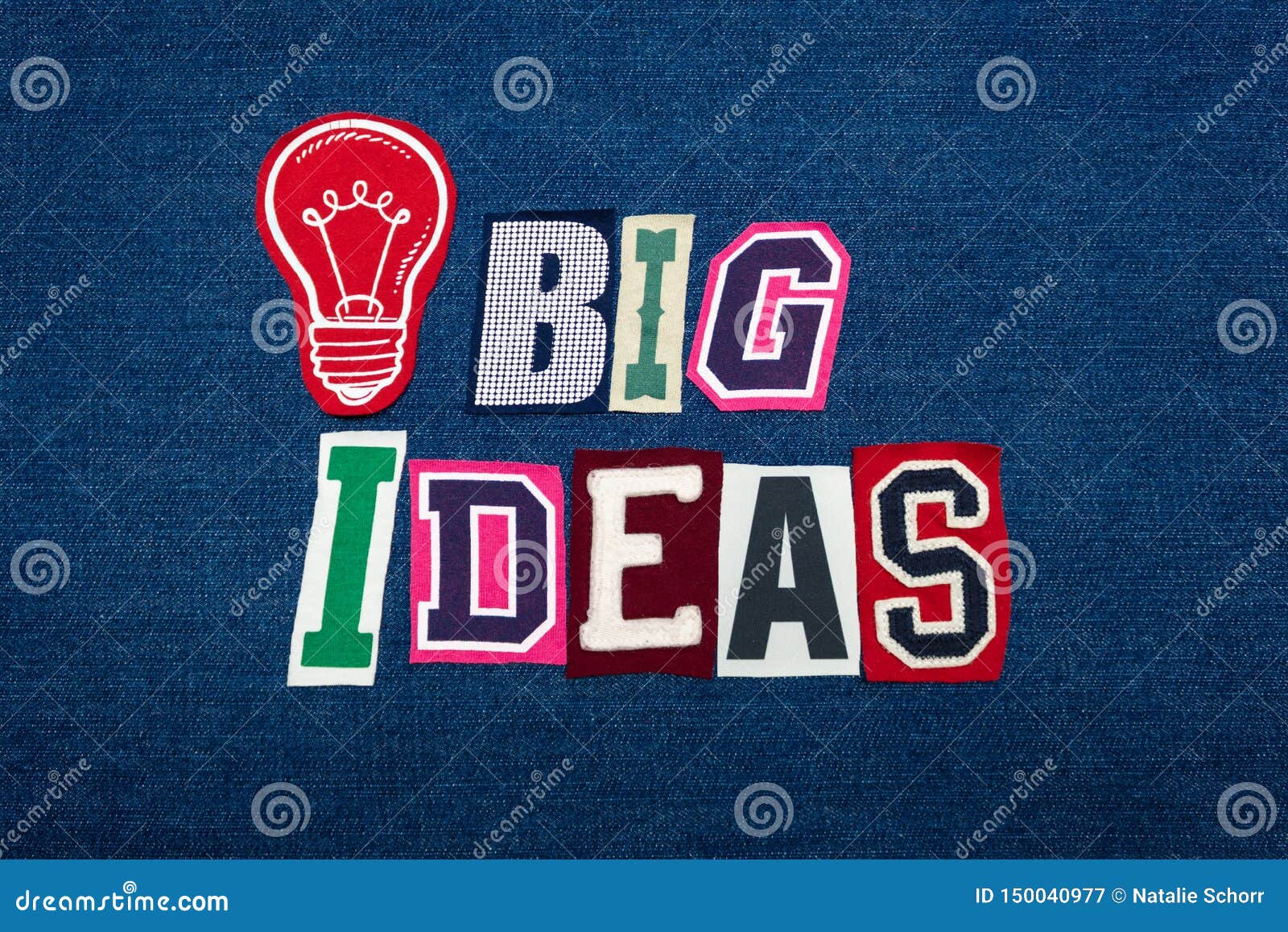 BIG IDEAS Text Word Collage, Multi Colored Fabric on Blue Denim ...