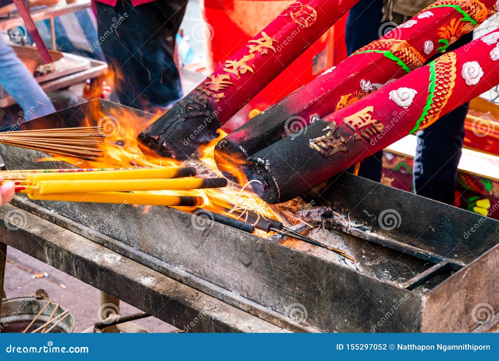 Big Incense (joss Stick) with Fire Stock Photo - Image of kung, burner ...