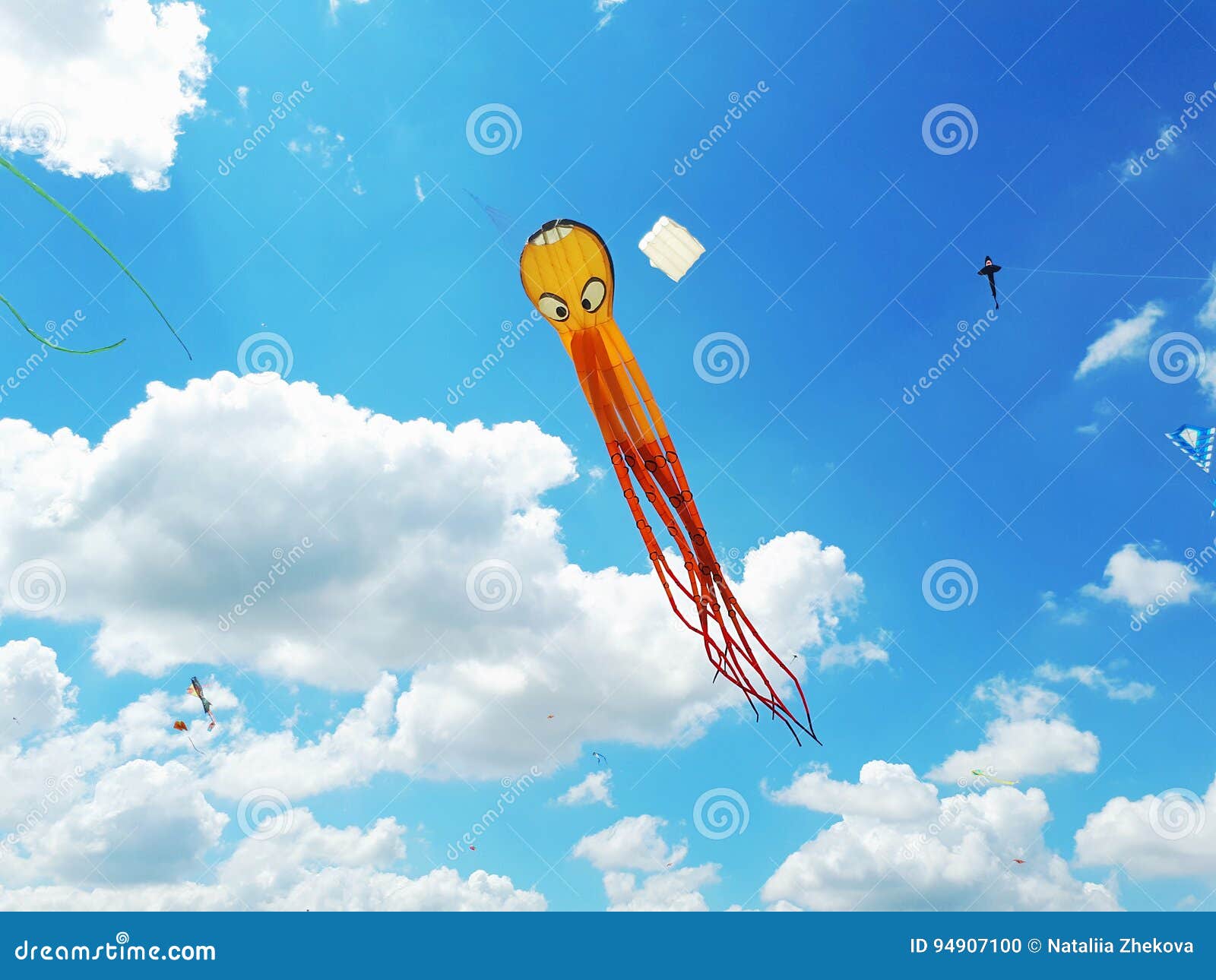 Big Kite Flying in a Blue Sky. Kites of Various Shapes Stock Photo ...
