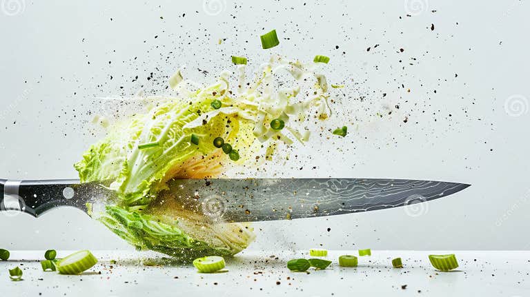 Big Knife Cuts Cabbage in Two on White Surface, Causing Burst of ...