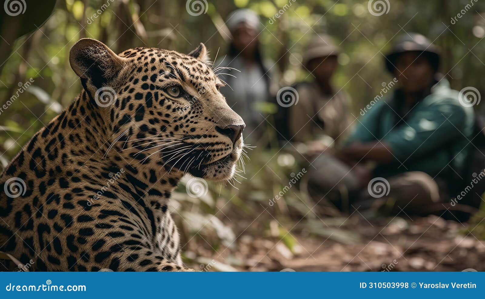 A Big Leopard Laying Down on the Ground in a Forest Setting. People ...