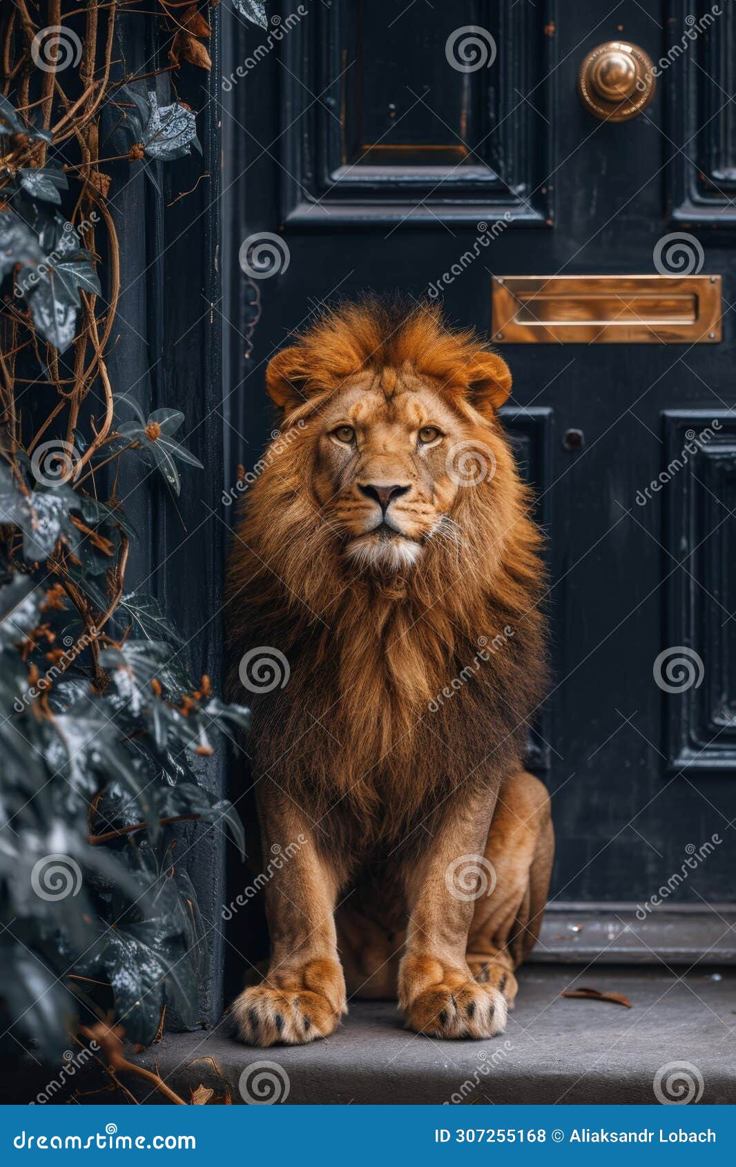 A Big Lion is Sitting Guarding the Front Door of the House Stock Photo ...