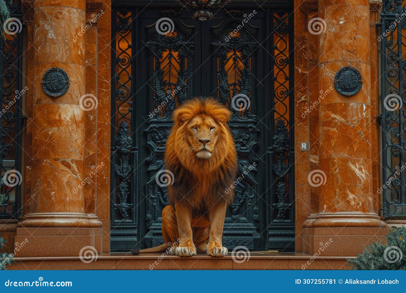 A Big Lion is Sitting Guarding the Front Door of the House Stock Image ...