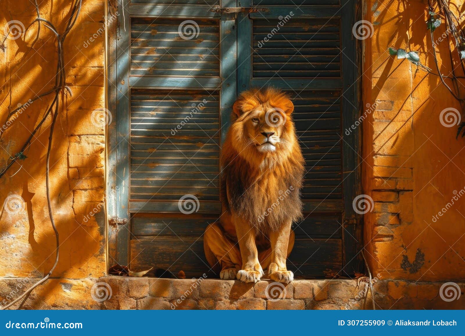 A Big Lion is Sitting Guarding the Front Door of the House Stock Image ...