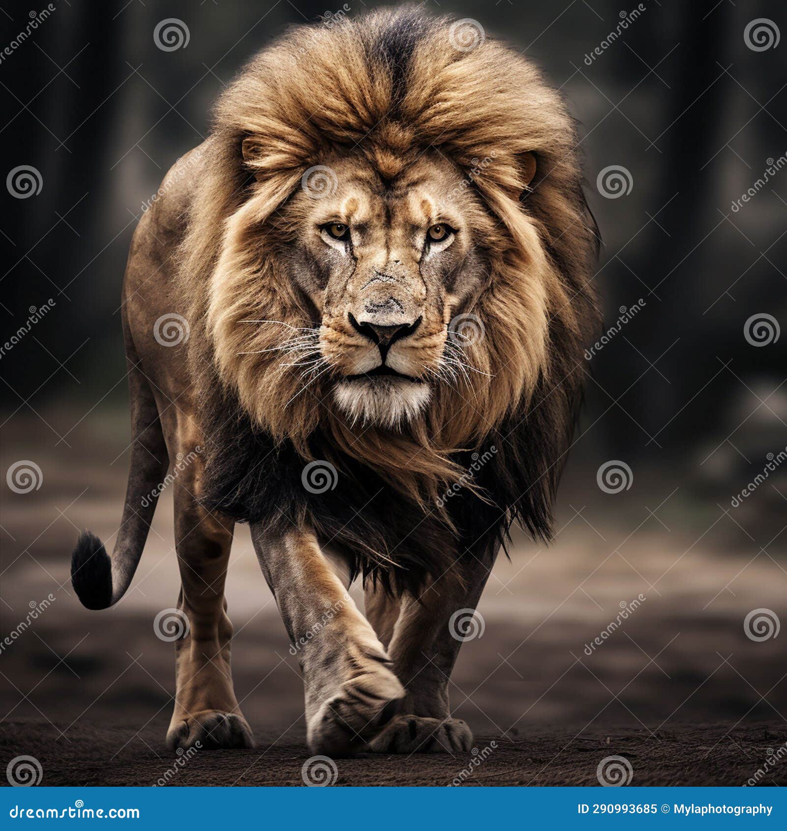 Big Lion Walking Alone at Night Stock Illustration - Illustration of ...