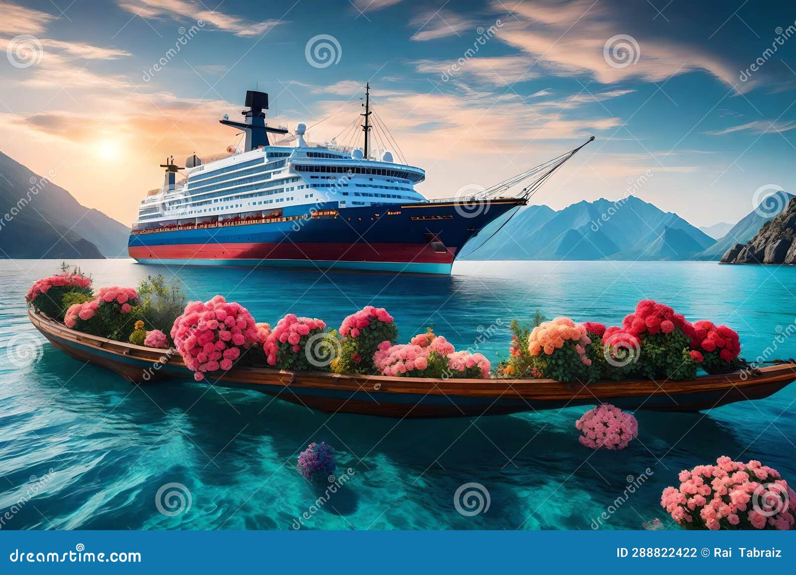 A Big Loading Ship in the Sea and Flowers beside it Stock Illustration ...