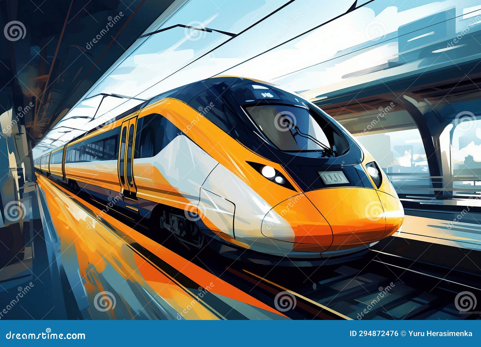 A Big Long Express Train on a Railway Platform. Boarding Platform at ...