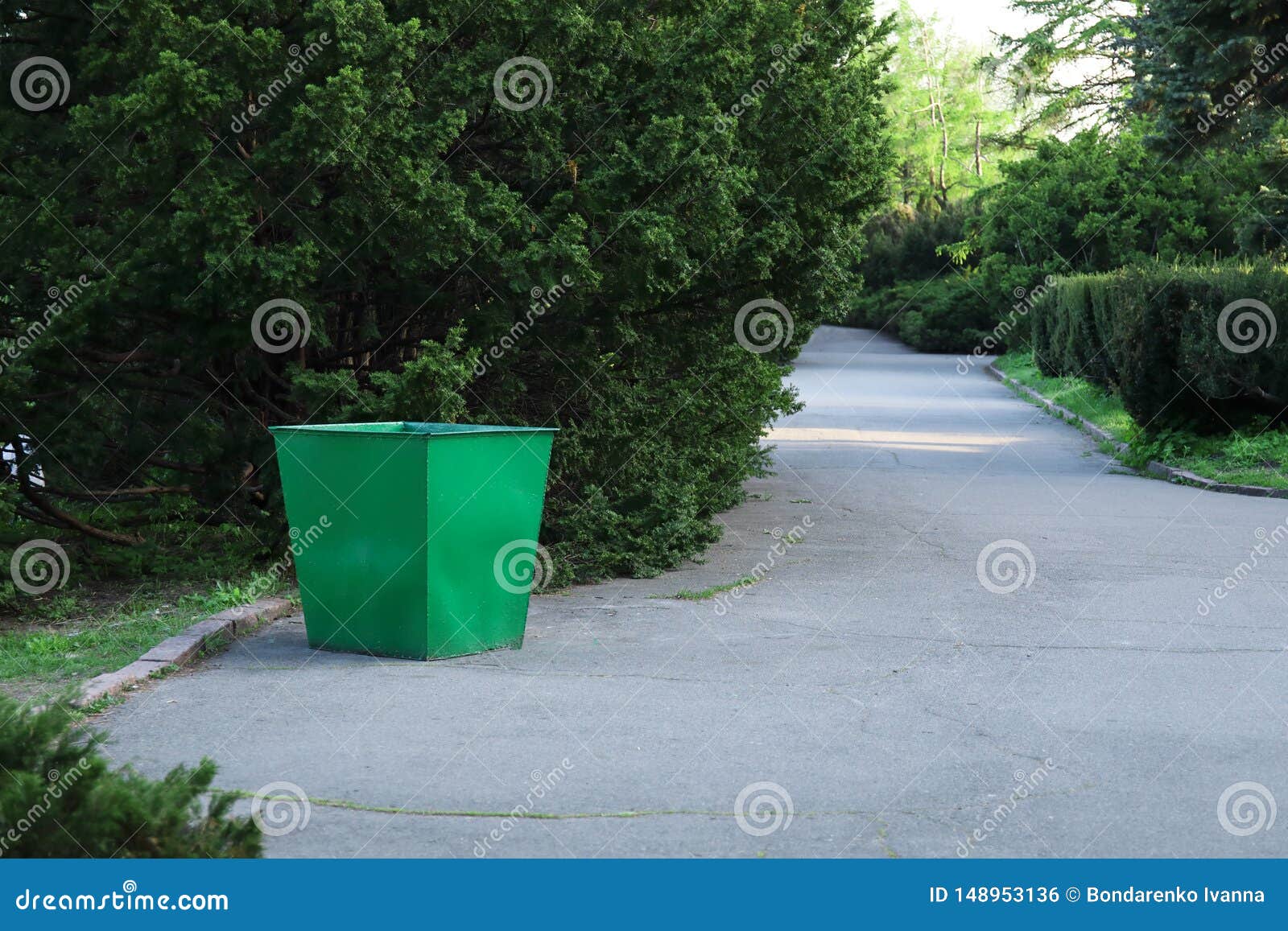 Big Metal Green Painted Garbage Container in Park Stock Photo - Image ...