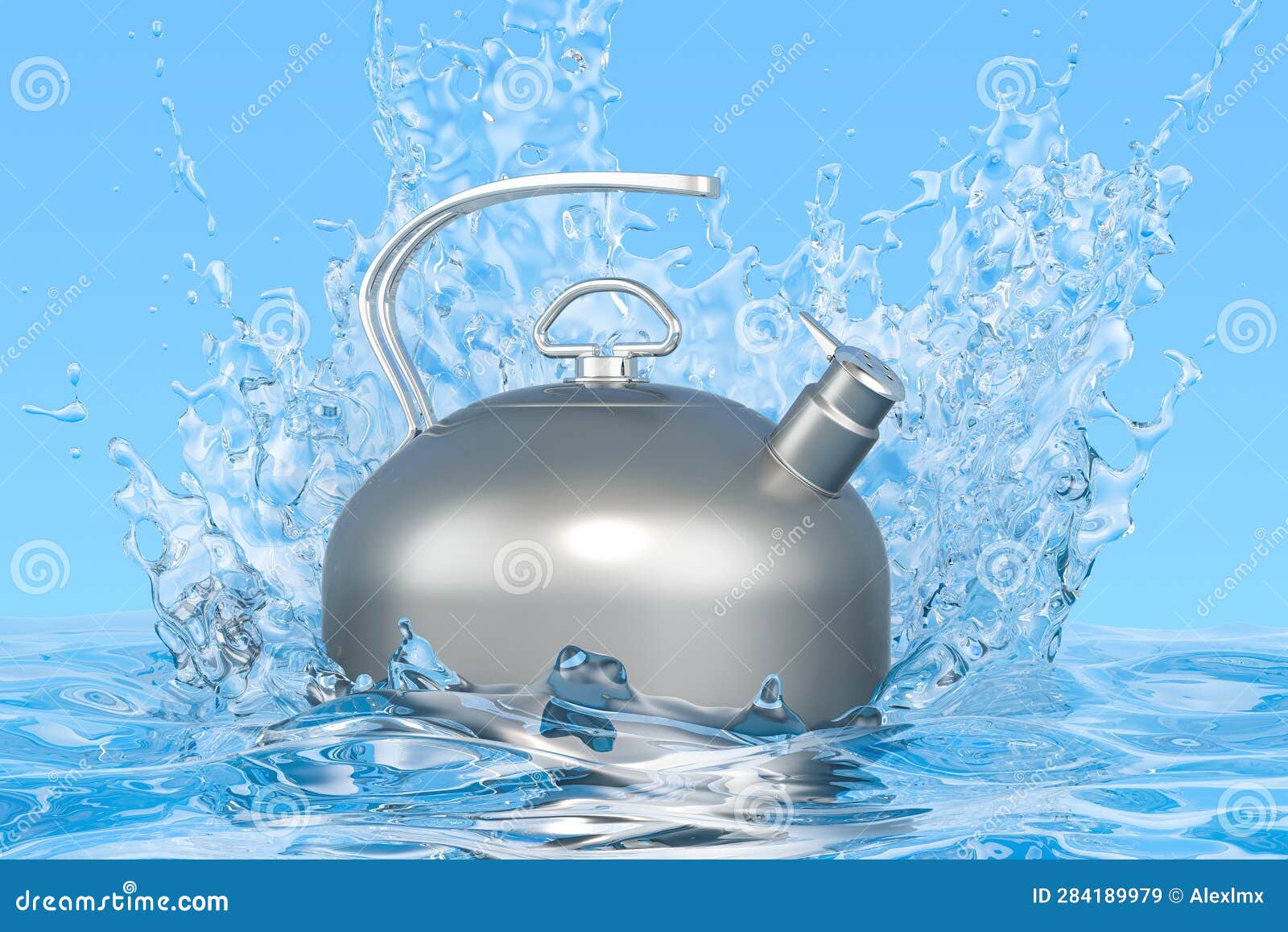 Big Metallic Kettle with Water Splashes, 3D Rendering Stock ...