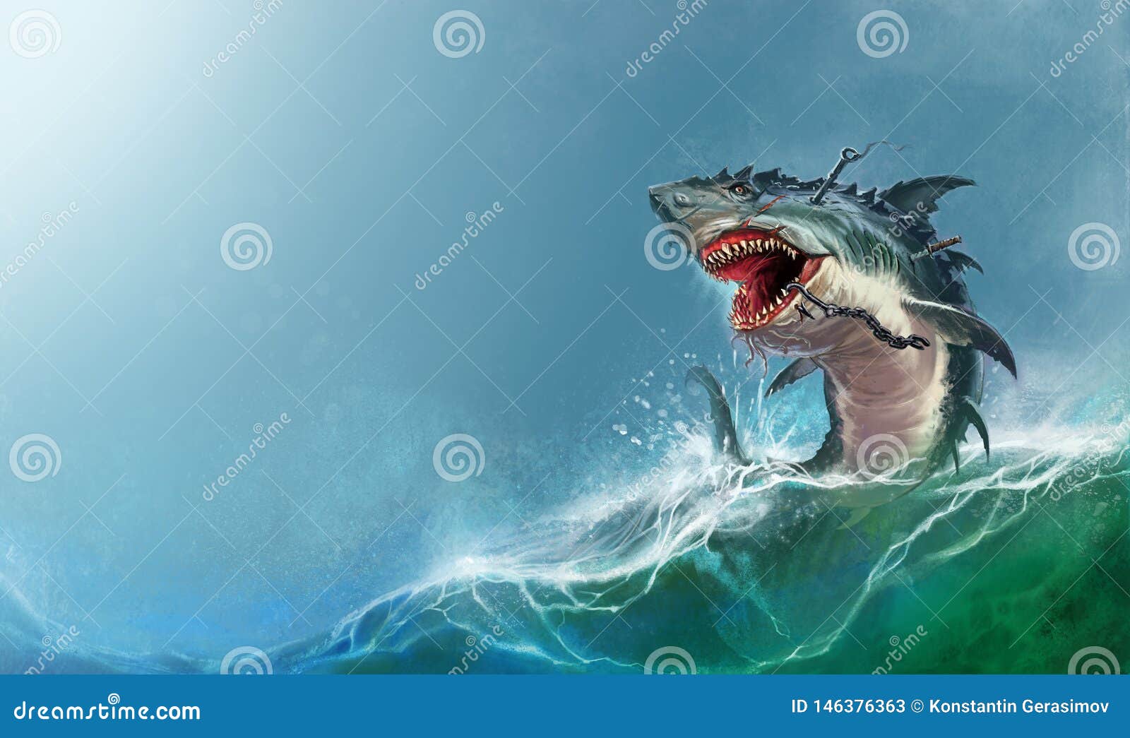Big Monster Shark Jumping Out of the Waves Realistic Illustration ...