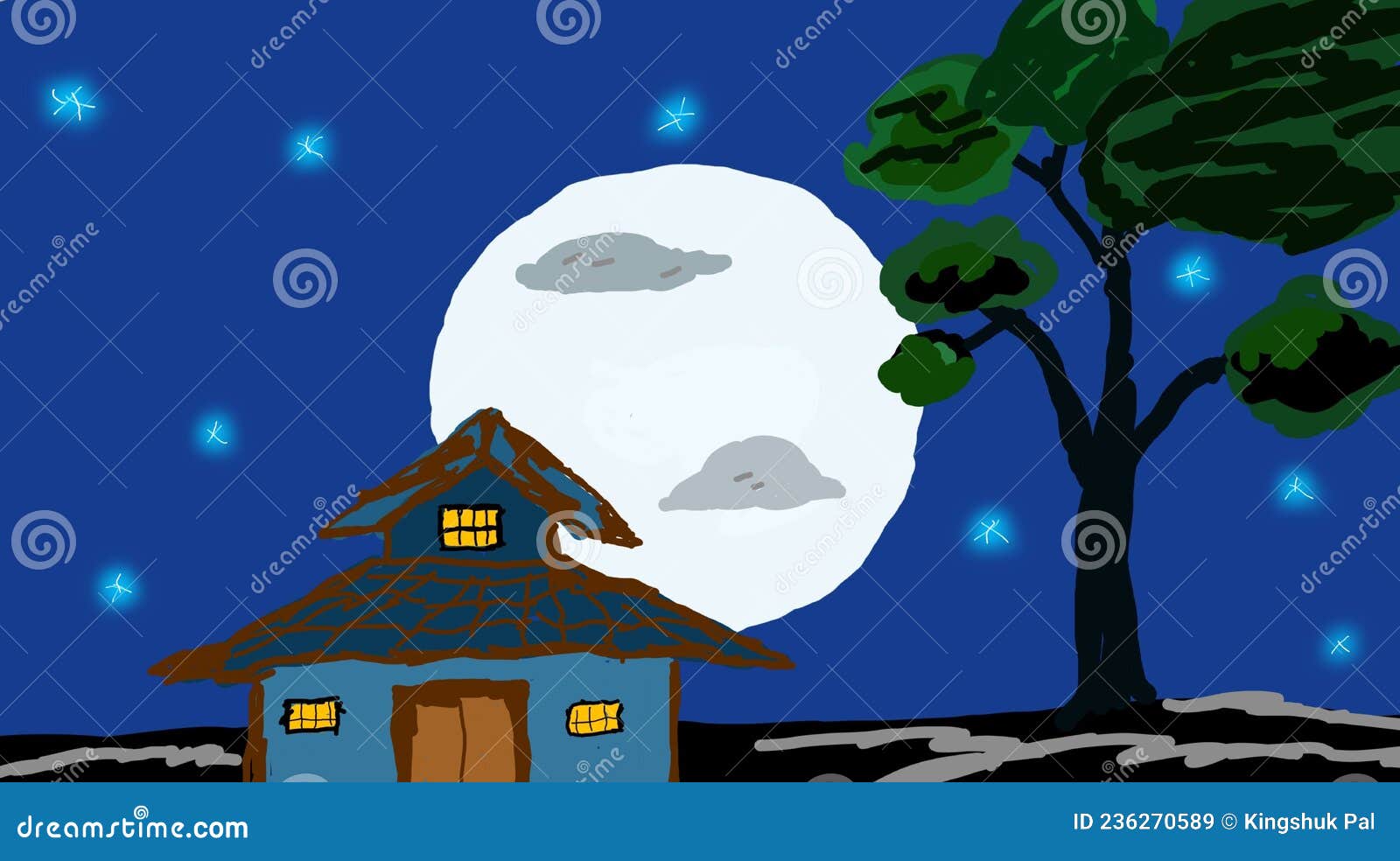 Big Moon, with Home and Tree. Hand-Drawing Illustration. Star Night ...
