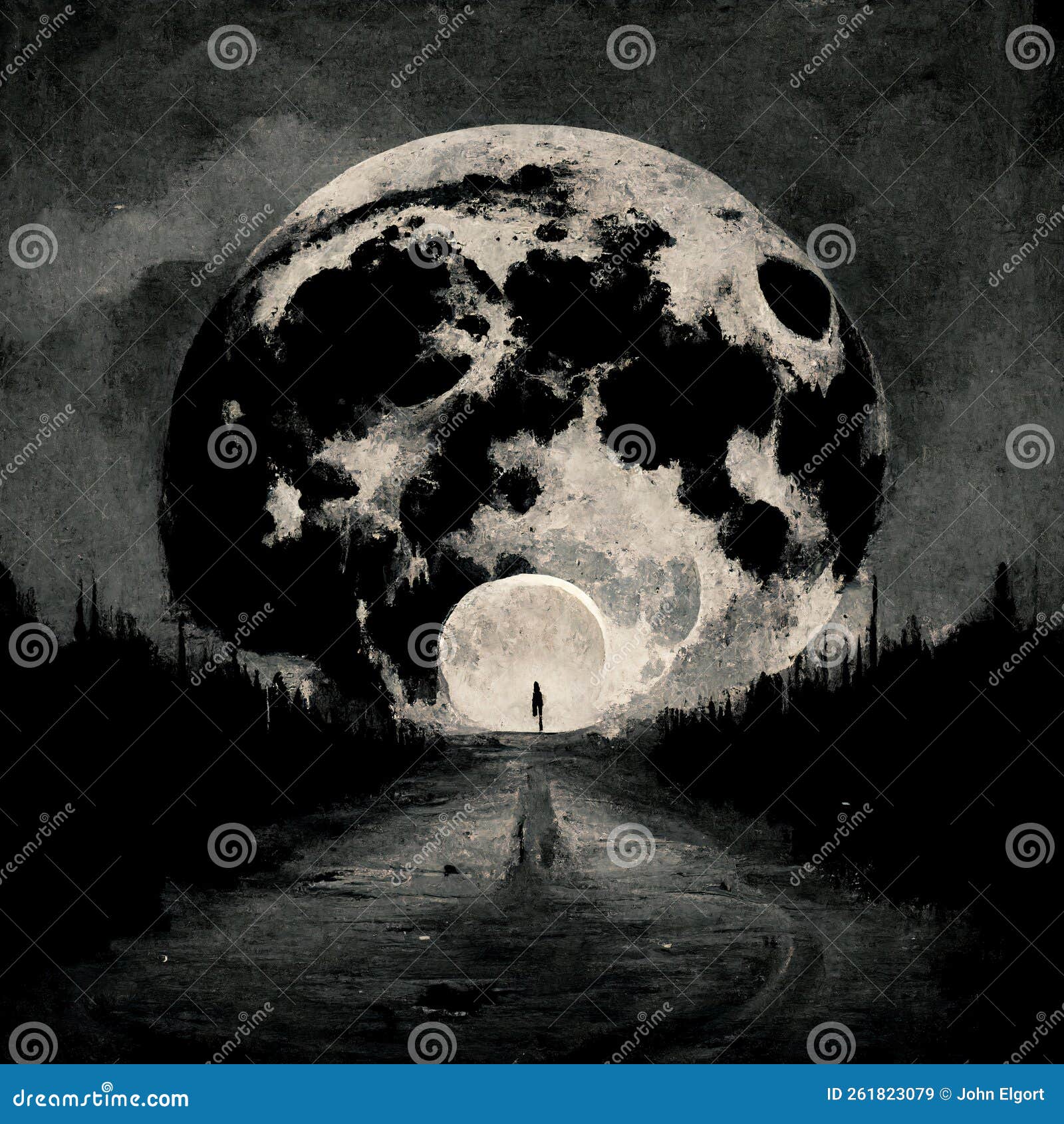 Big Moon Light on Dark Woods Moonlight on the Road with Black Figure ...