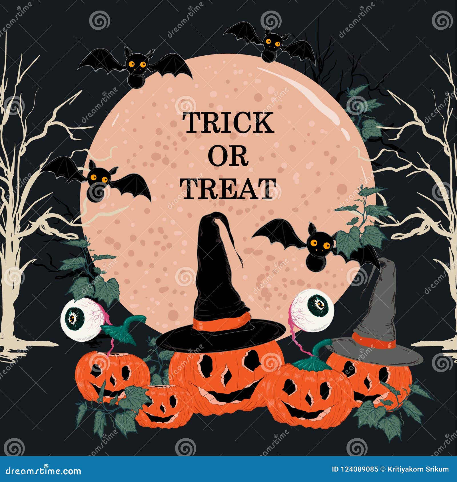 A Big Moon With Trick Or Treat Happy Halloween With Moon Bat Stock