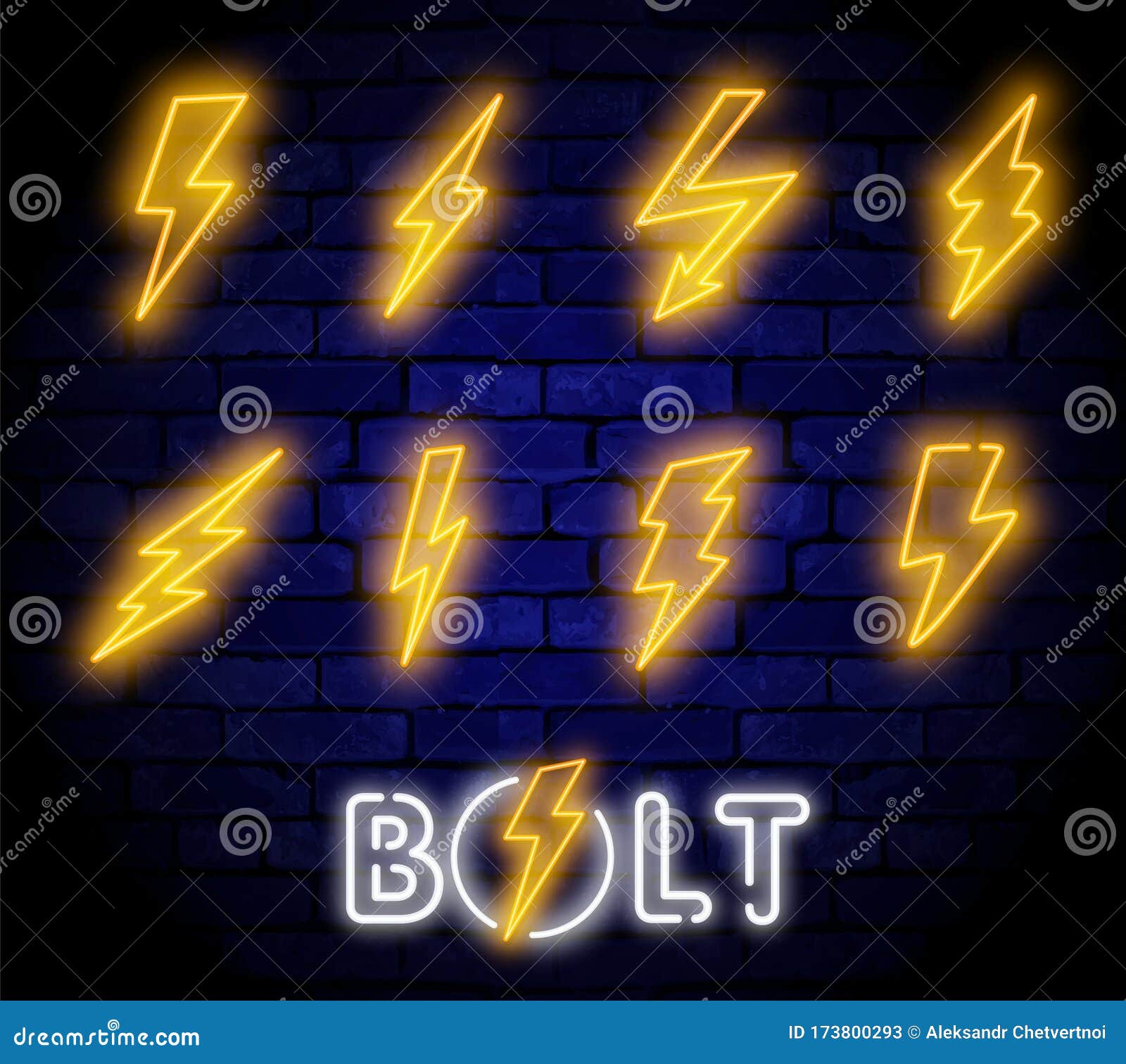 Big Neon Set Of Lightning Bolt Glowing Electric Flash Sign
