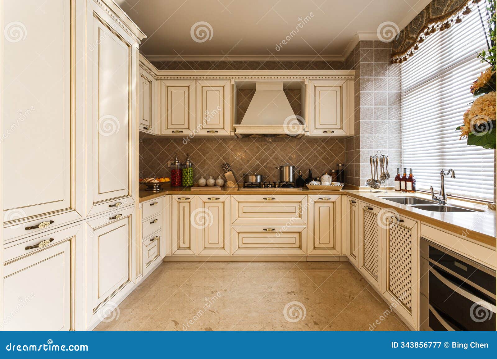 Big Nice Kitchen with Windows Solid Wood Style Stock Image - Image of ...