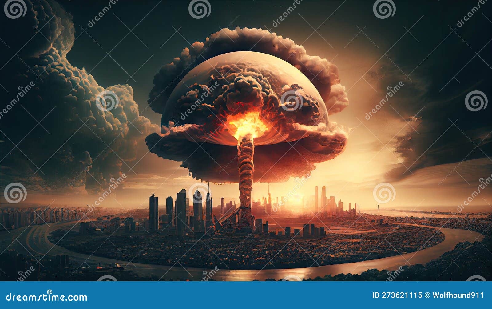 Big Nuclear Explosion Mushroom Cloud Effect Over City Skyline. Generate ...