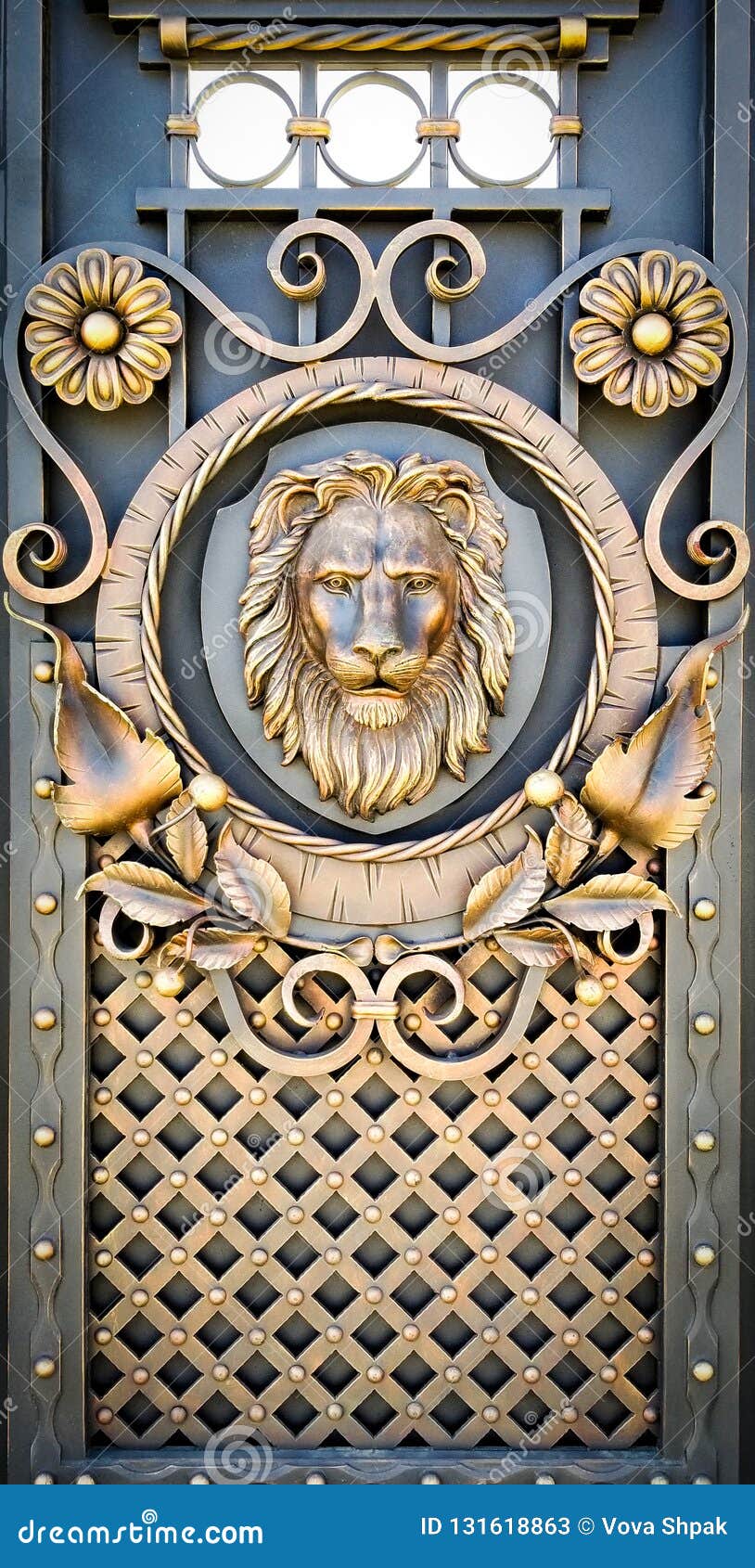 Forged doors with a lion stock image. Image of design - 131618863