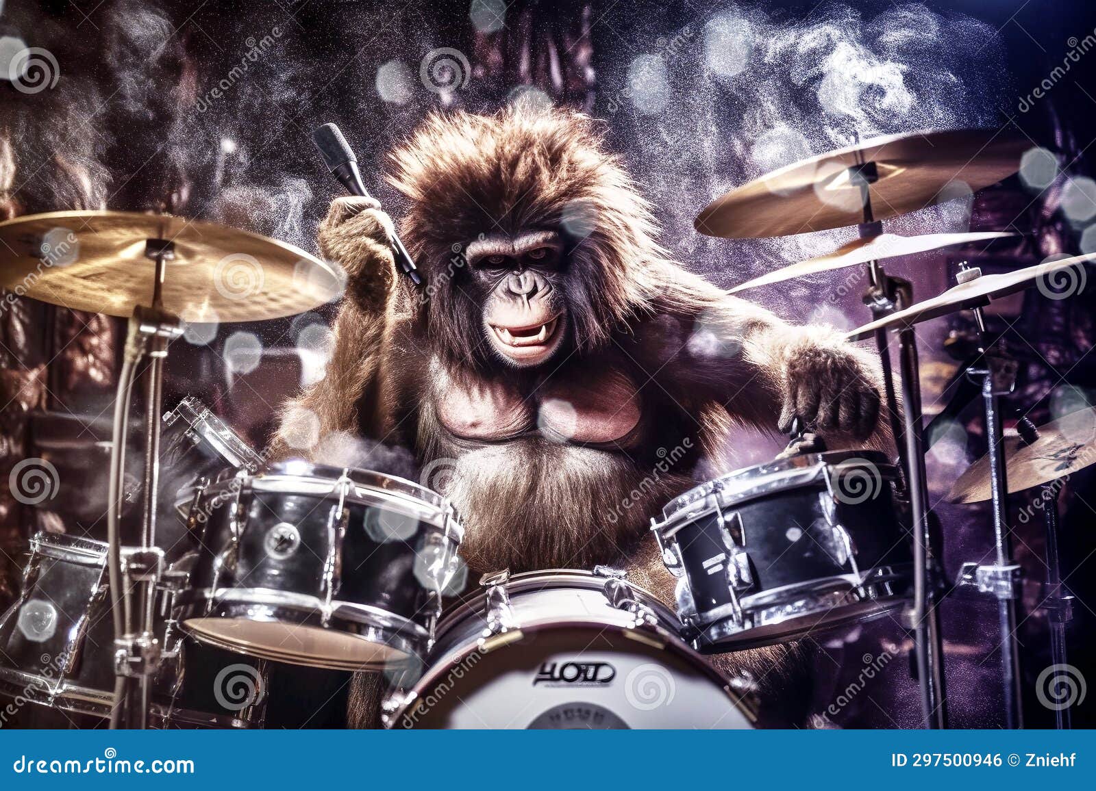 Big Old Monkey with a Microphone Sits Behind a Drum Kit, Made with ...