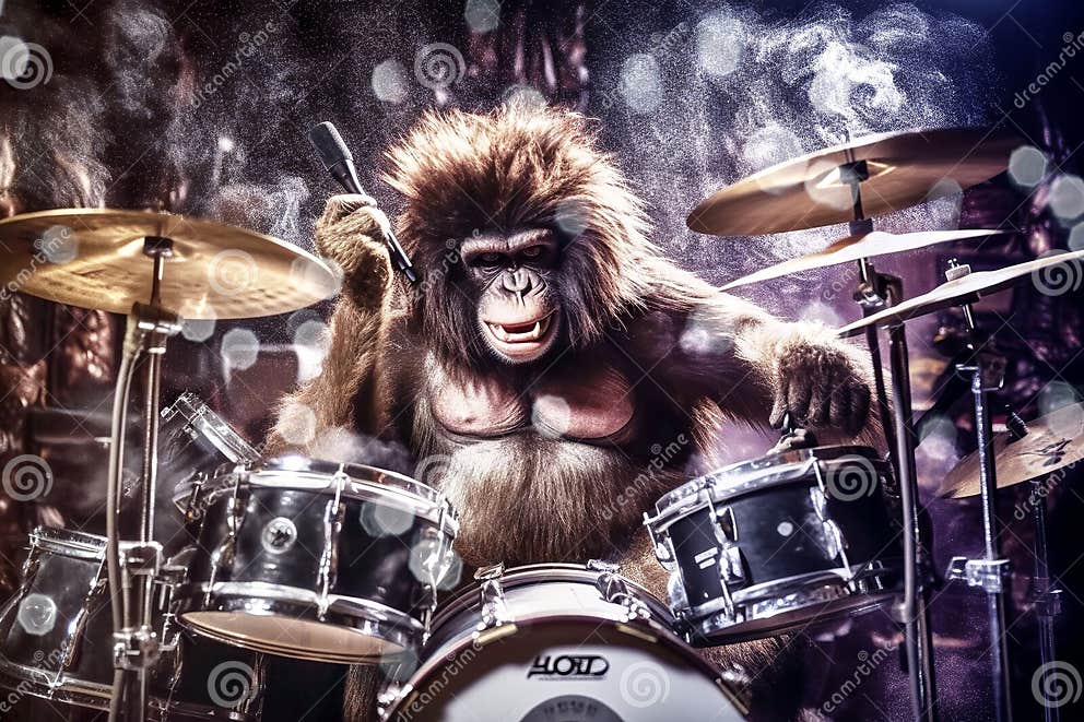 Big Old Monkey with a Microphone Sits Behind a Drum Kit, Made with ...