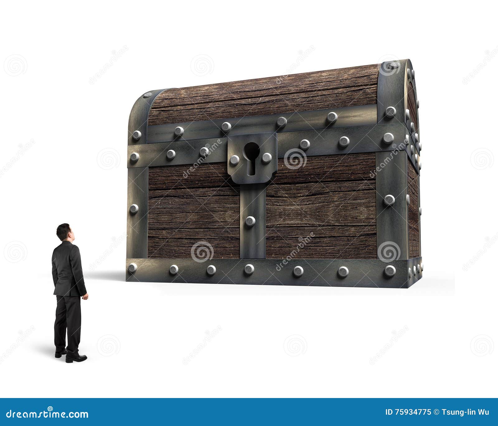 Big Old Treasure Chest With Small Man Looking At Stock Image - Image of ...
