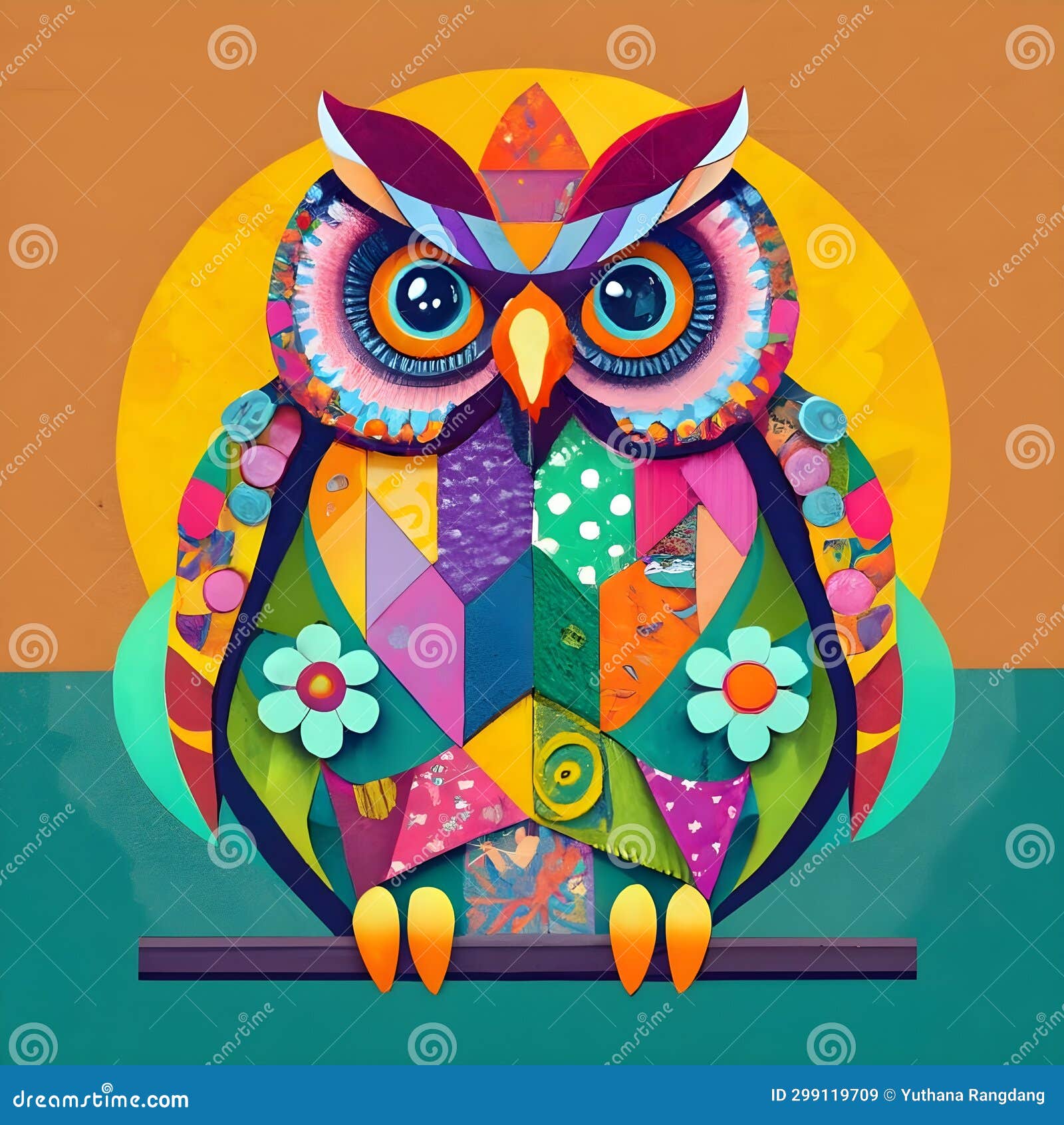 A Big Owl in Patchwork Art Style, Divided in Differents Seccions with ...