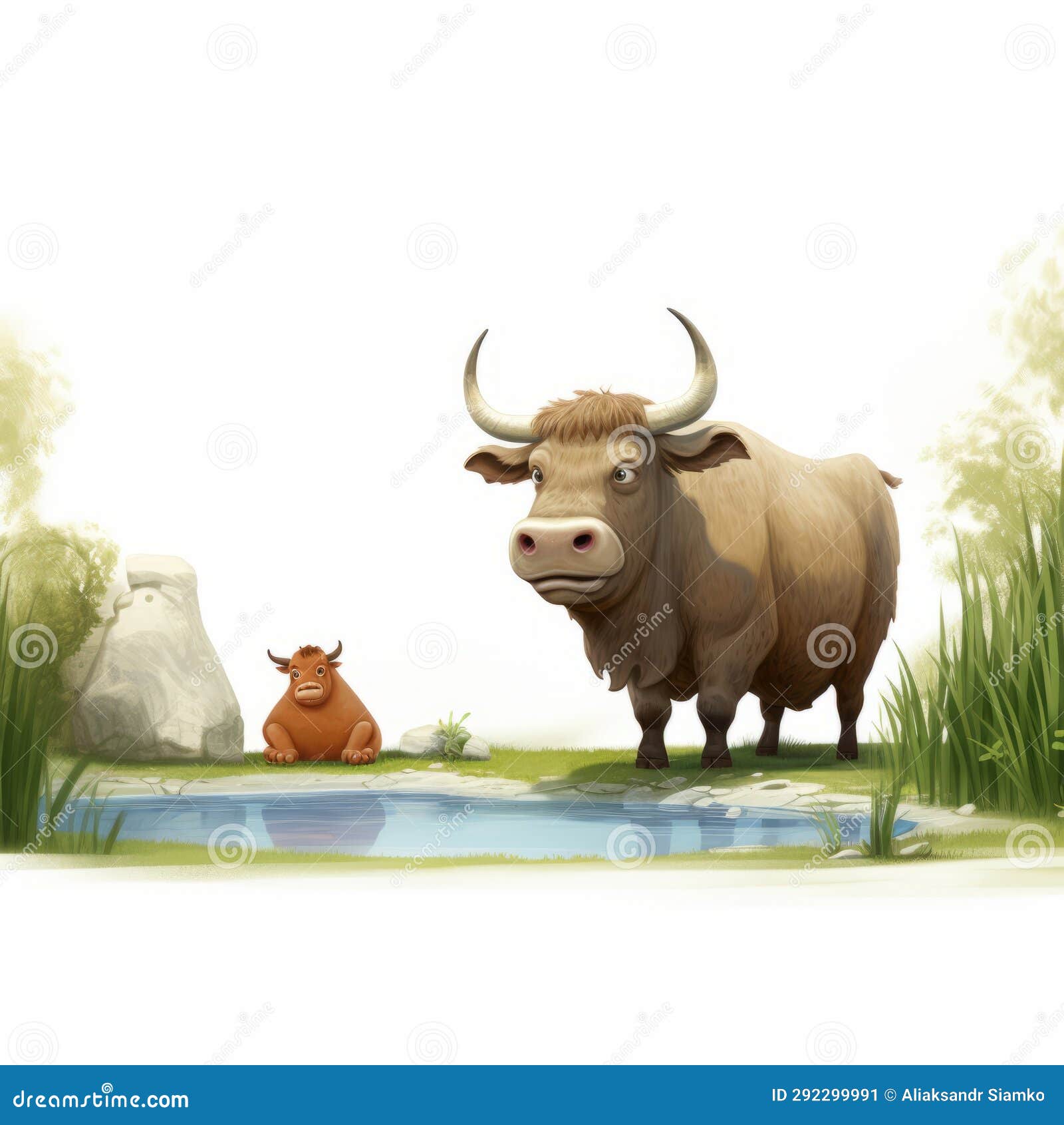 Big Ox beside Small Pool, Cartoon Style, White Background Stock Image ...