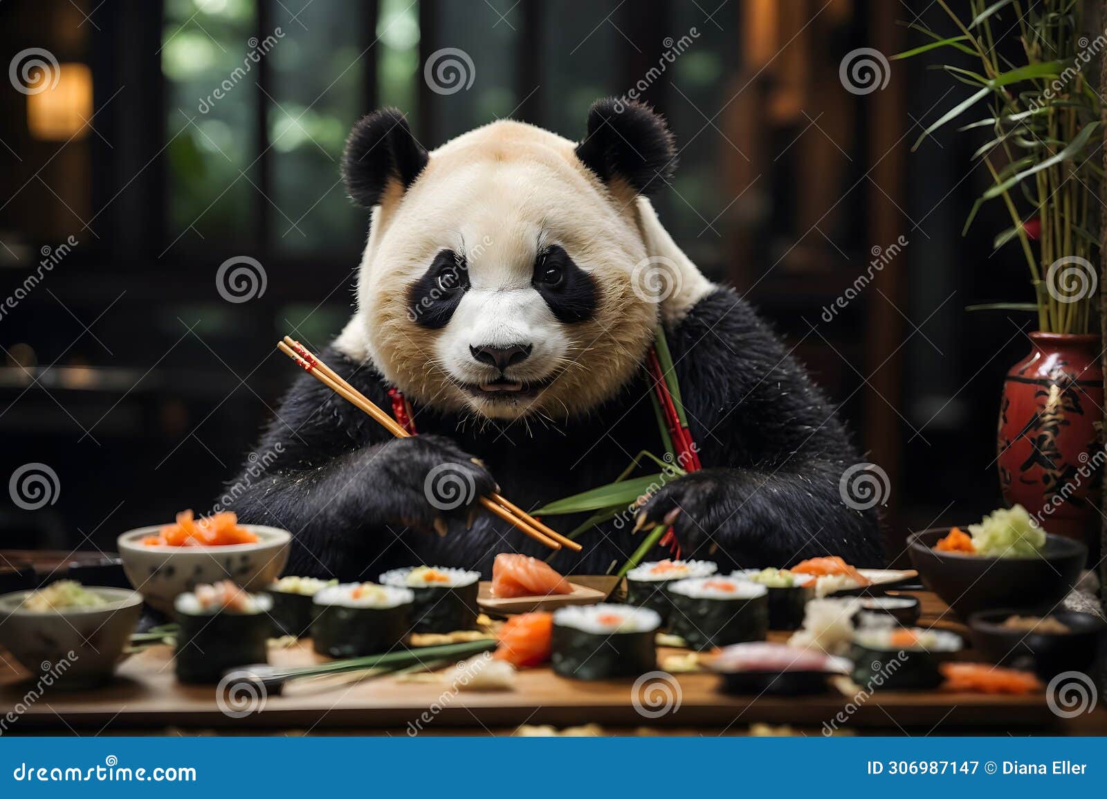 Big Panda Eating Sushi with Chopsticks in Restaurant Stock Illustration ...