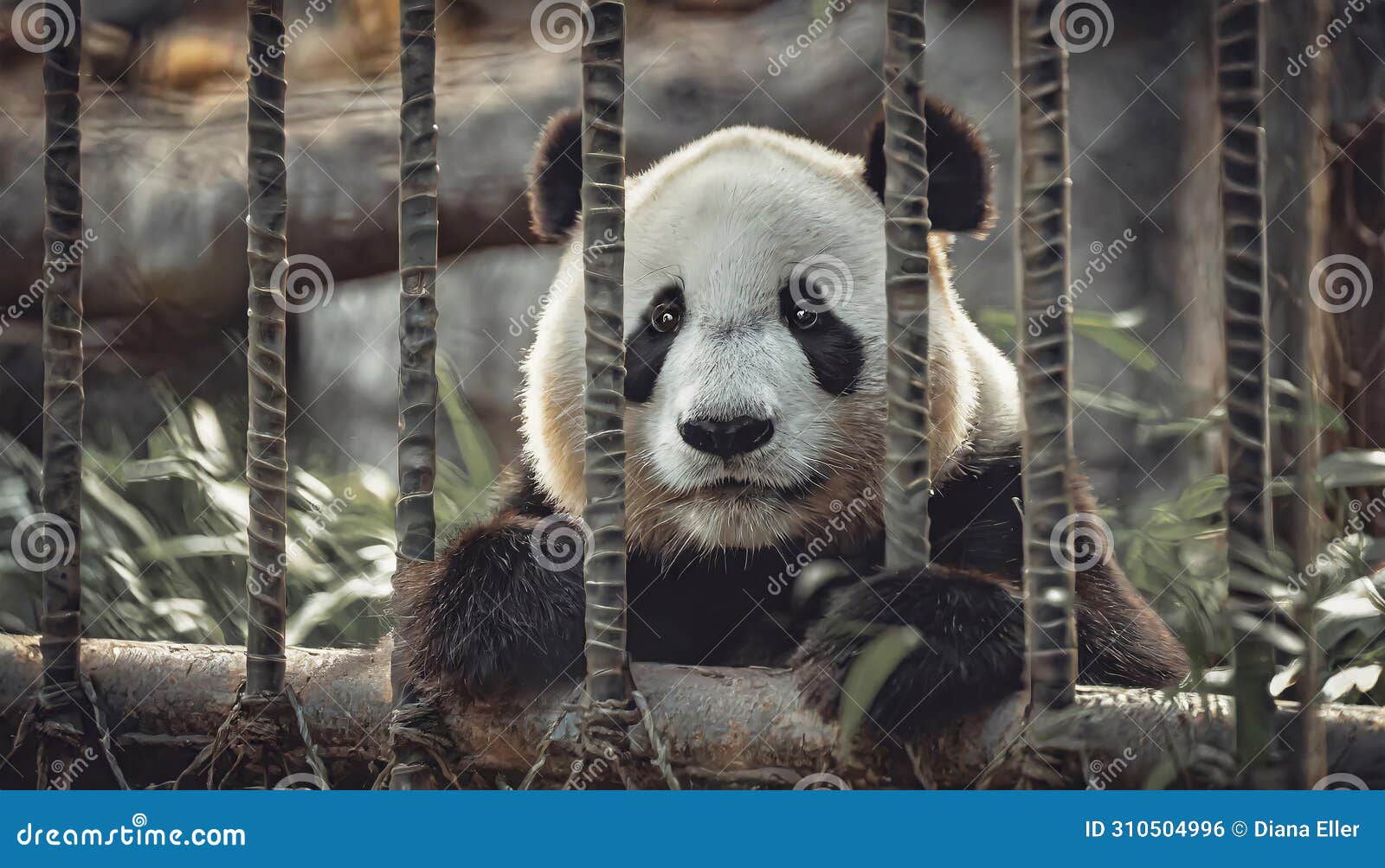 Big Panda Sitting Behind Bars in Zoo Stock Illustration - Illustration ...