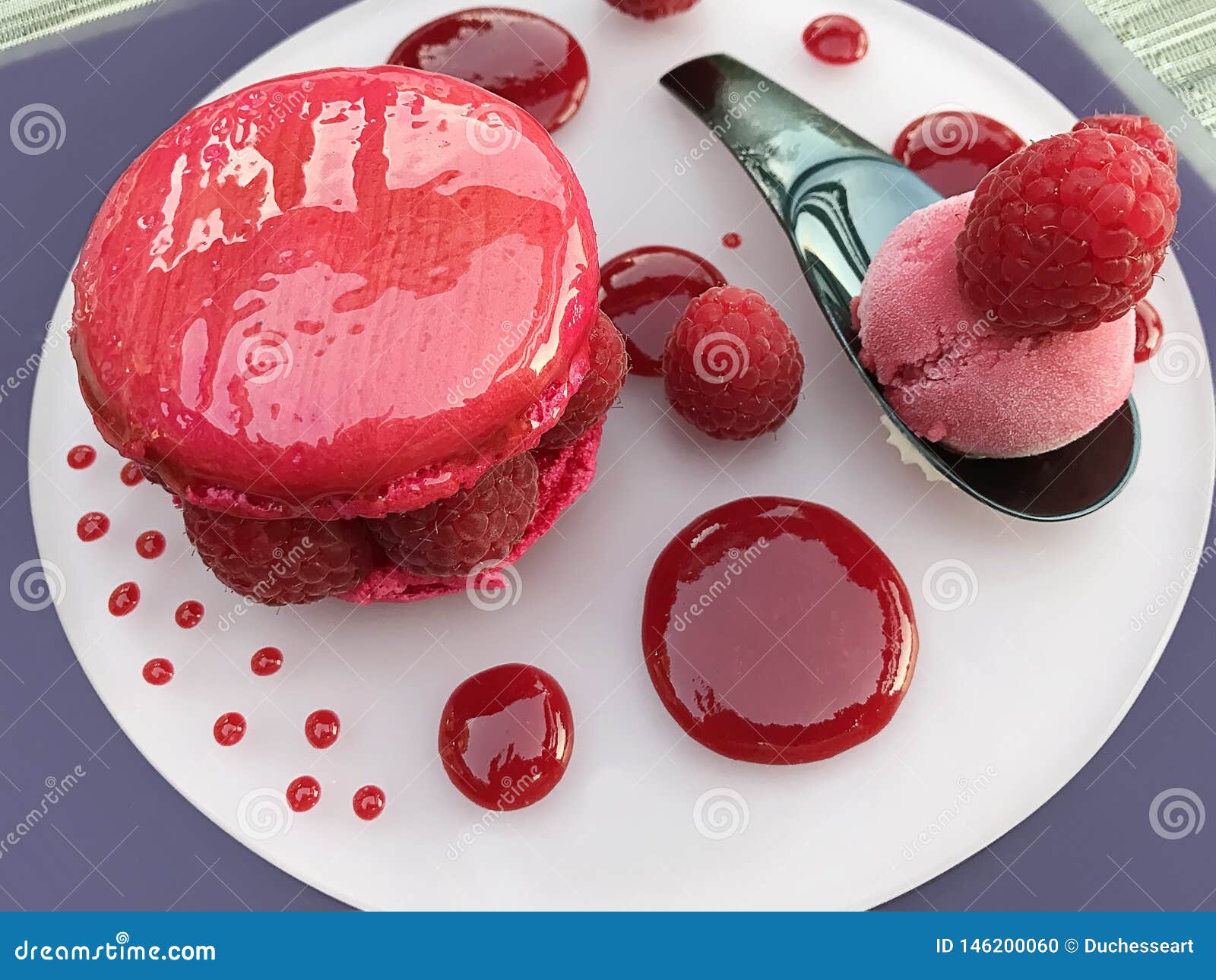 Big Pink Cake Macaron or Macaroon with Raspberry and Ice Cream Stock ...