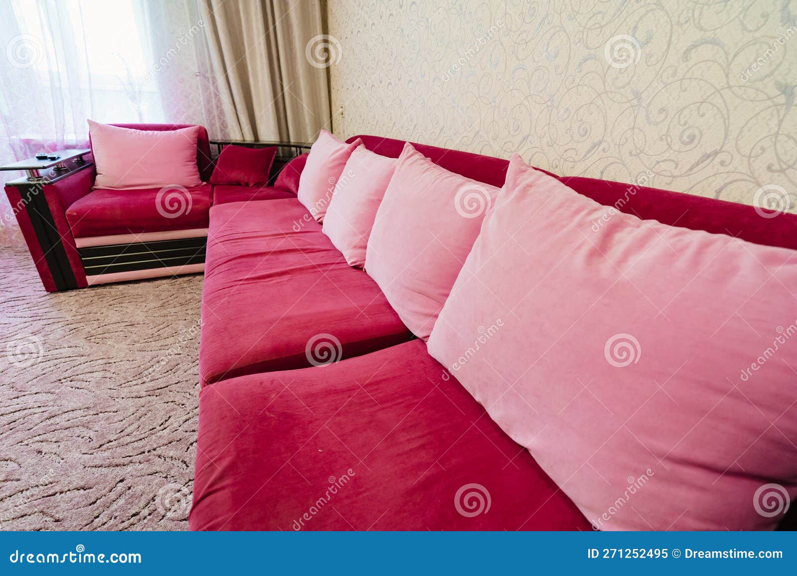 Big Pink Corner Sofa in Interior of Room. Stock Image - Image of ...