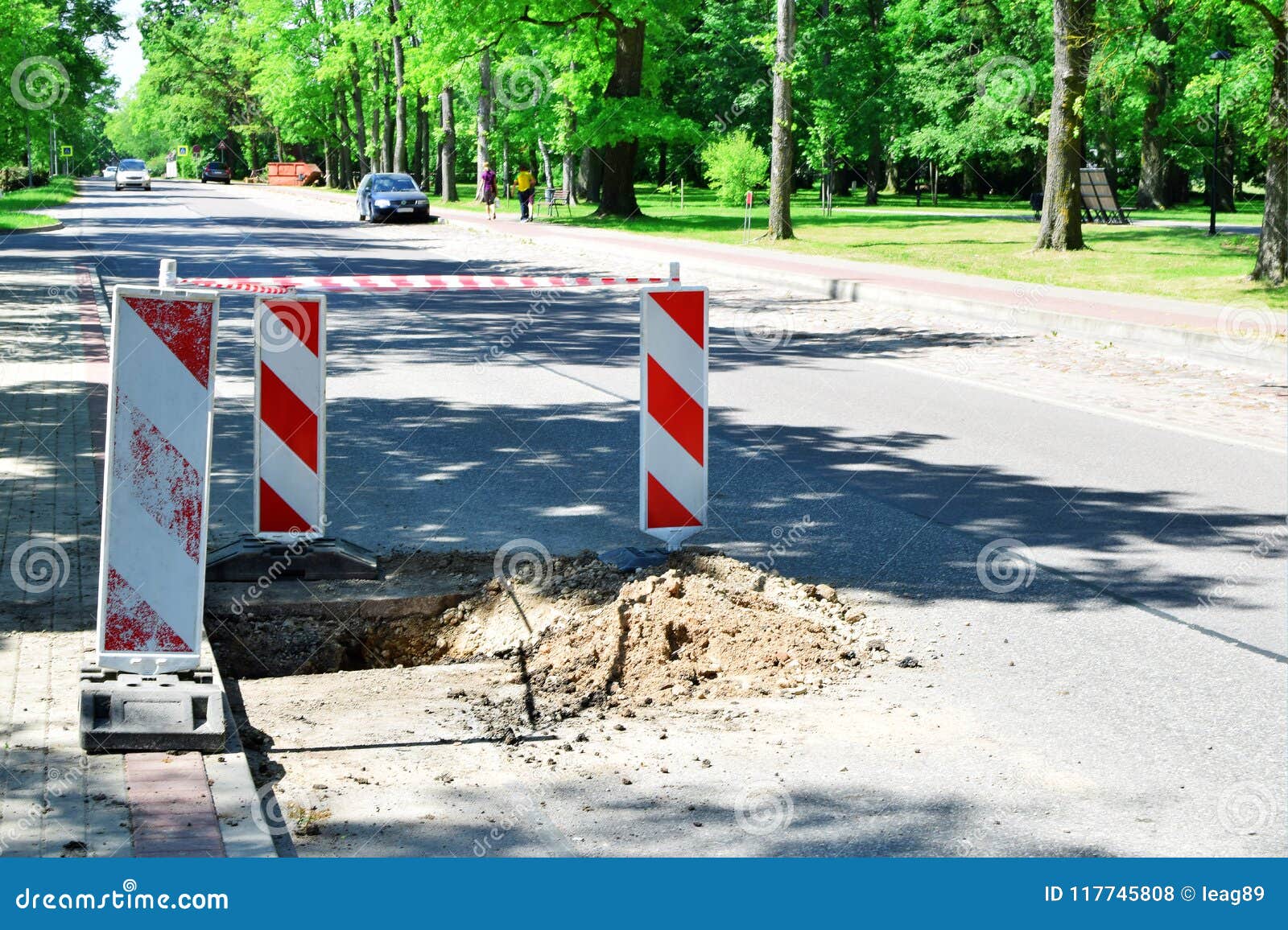 Big Pit on Road and Warning Signs Stock Photo - Image of risk, broken ...