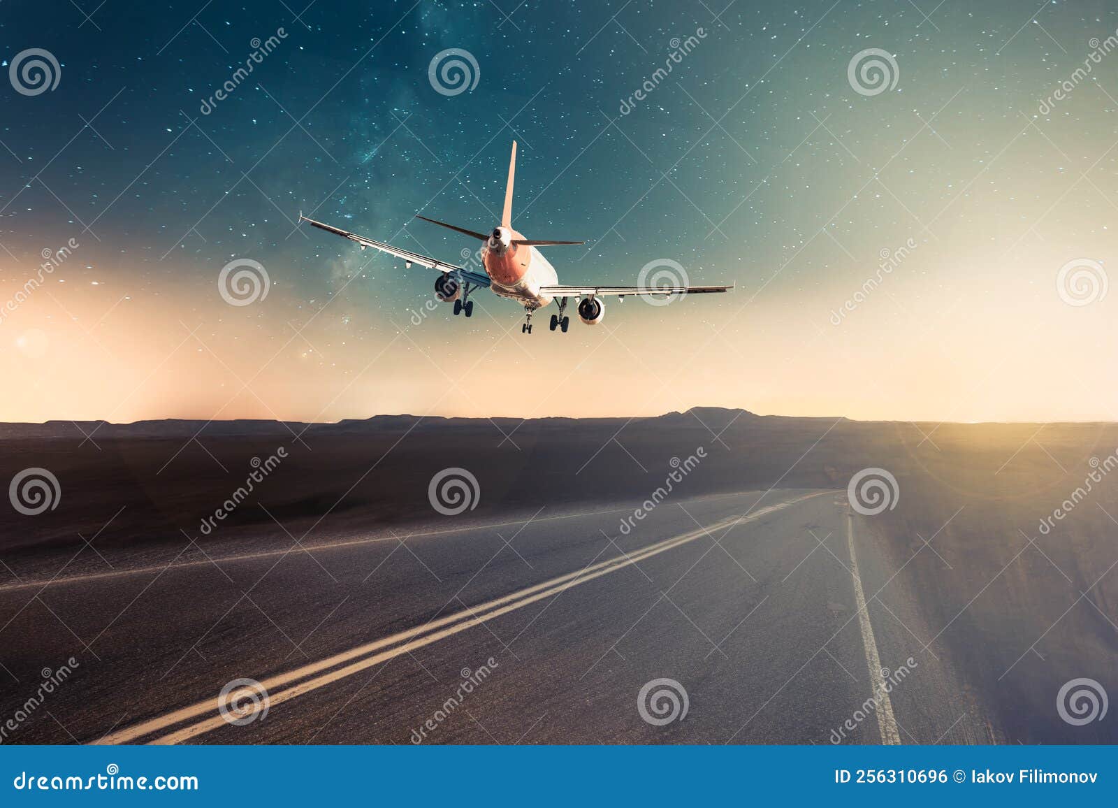 Big plane flying over road stock photo. Image of starry - 256310696