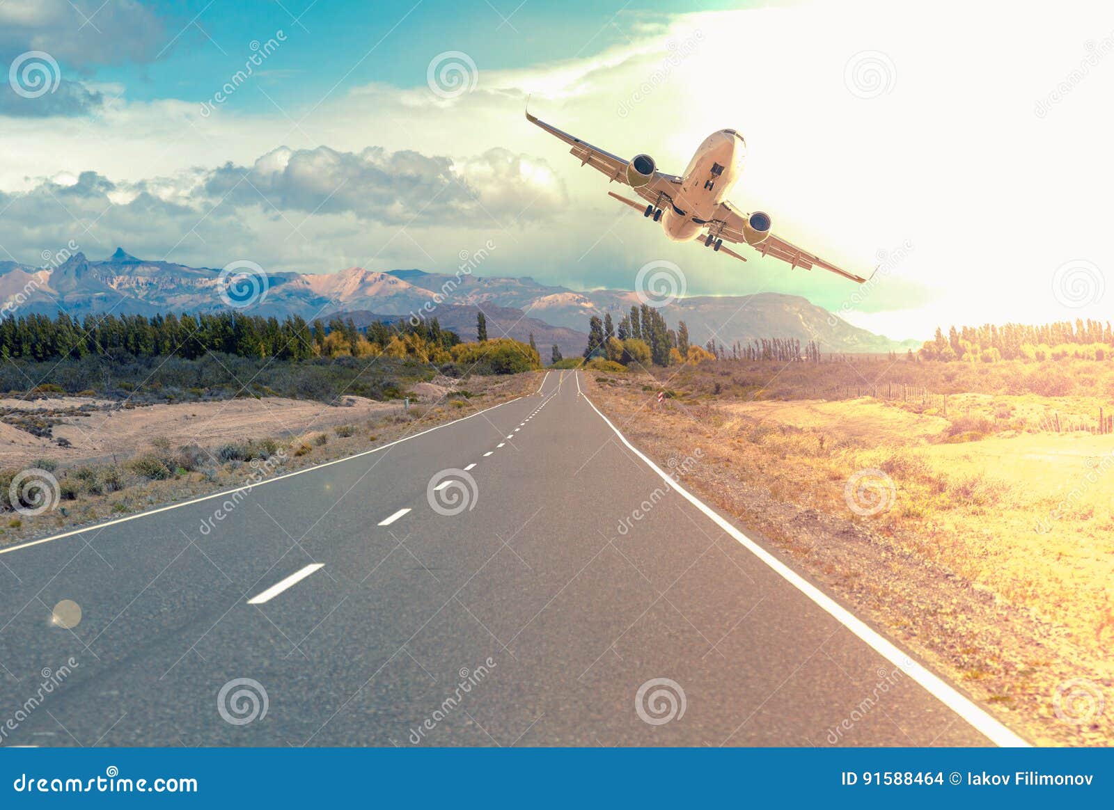 Big plane flying over road stock photo. Image of private - 91588464