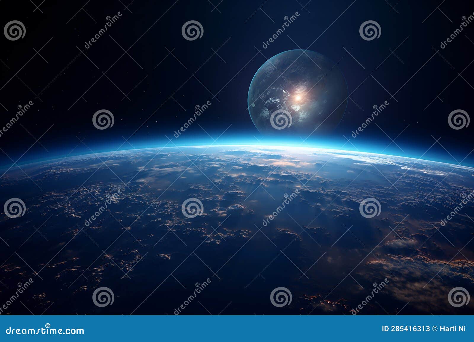 Big Planet and Moon Satellite in Dark Space Sky View Stock Image ...