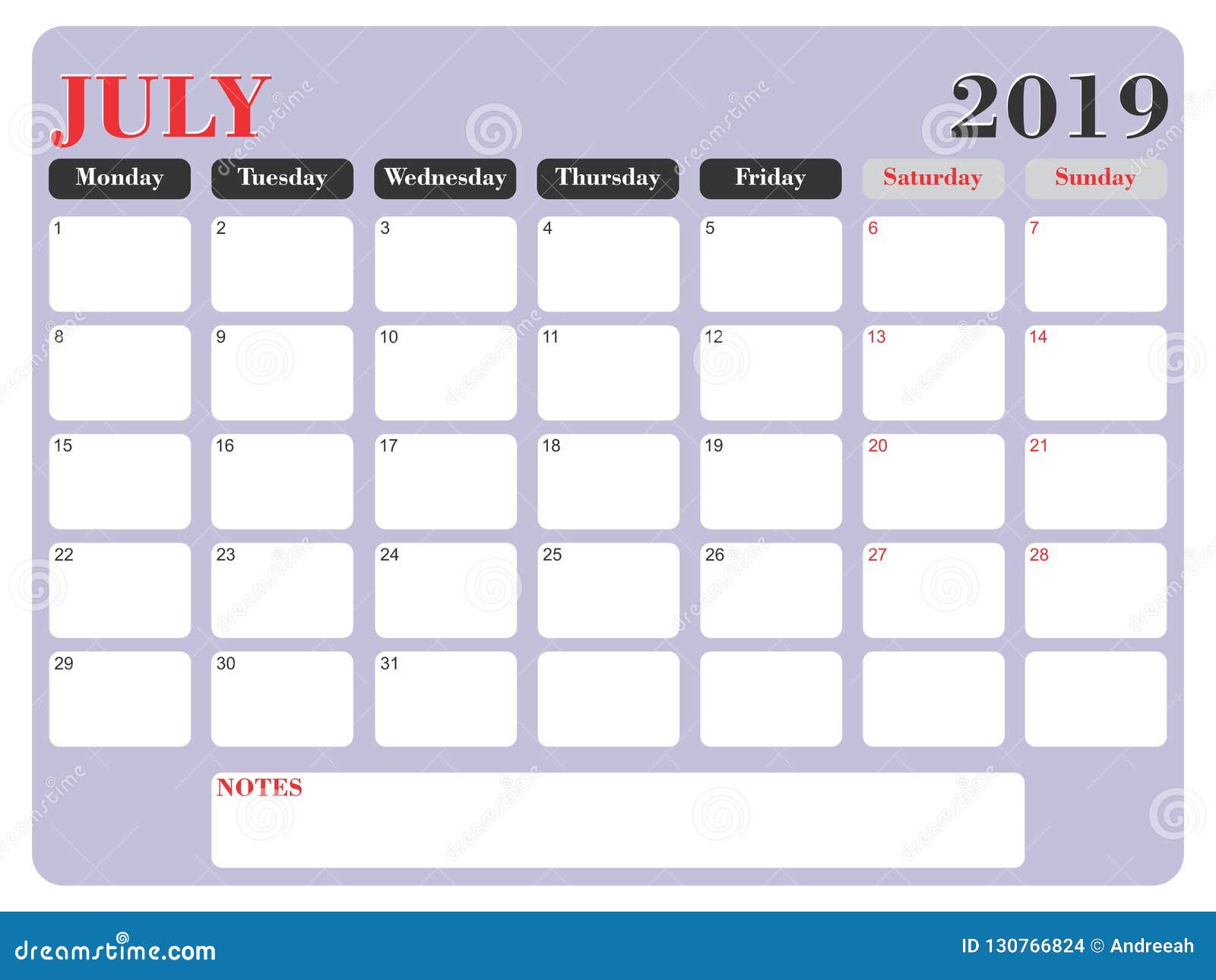 2019 Big Planner Calendar - Vector July Stock Vector - Illustration of ...
